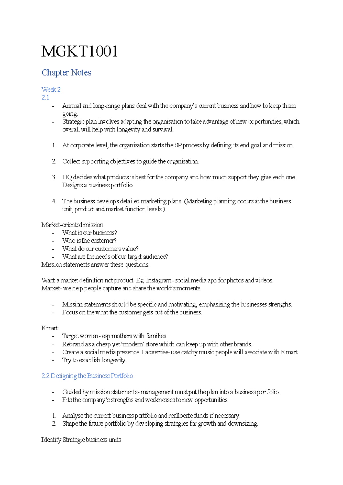 Chapter 2 Notes MGKT1001 - MKTG 1001 - USyd - Studocu
