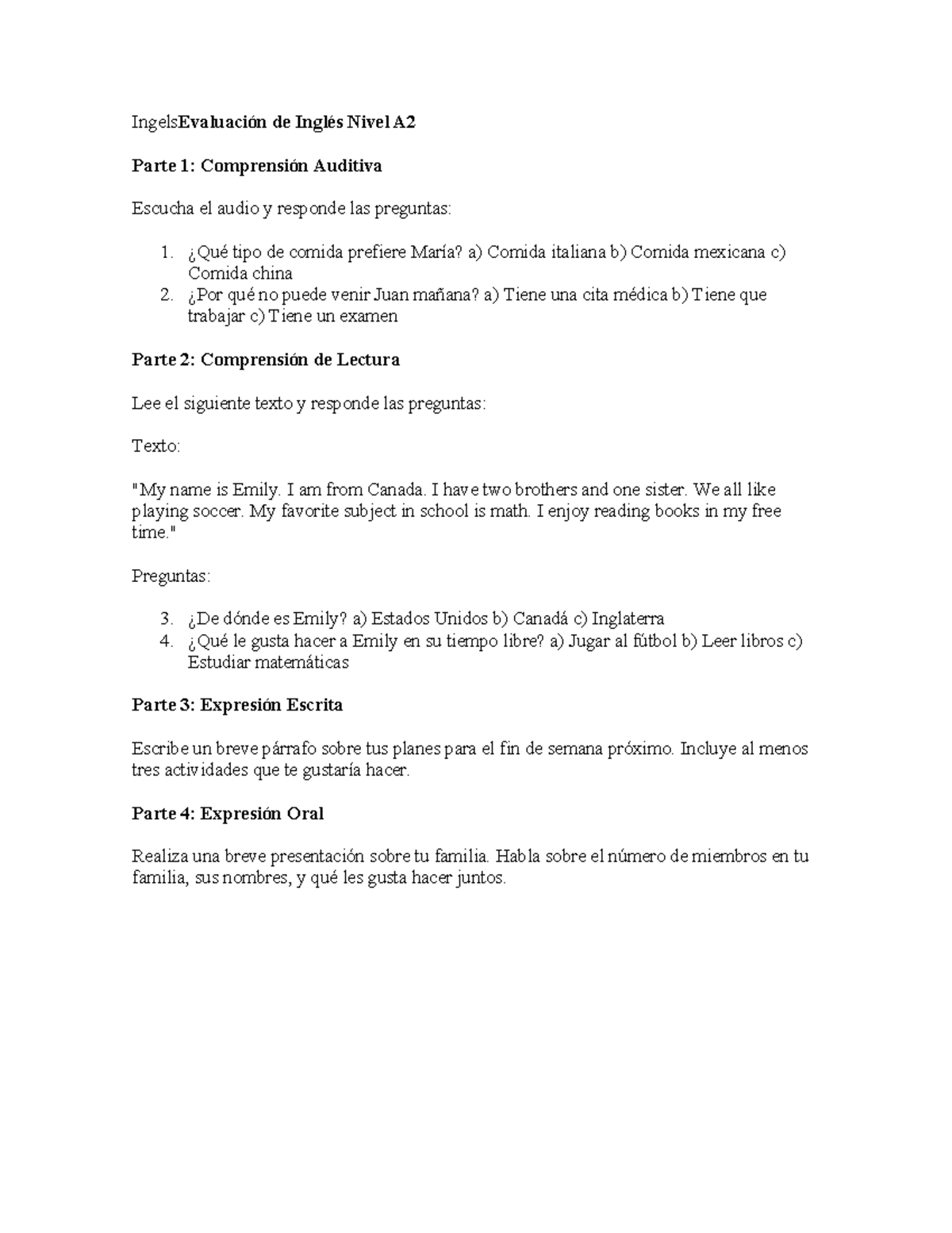 Ingles practica y evaluación modulo 3 - IngelsEvaluación de Inglés Nivel A Parte 1: Comprensión ...
