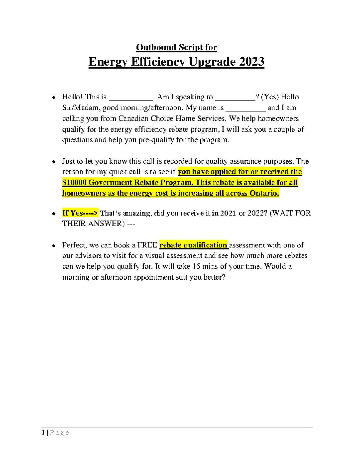 New script for CCHS - please - 1 | P a g e Outbound Script for Energy ...