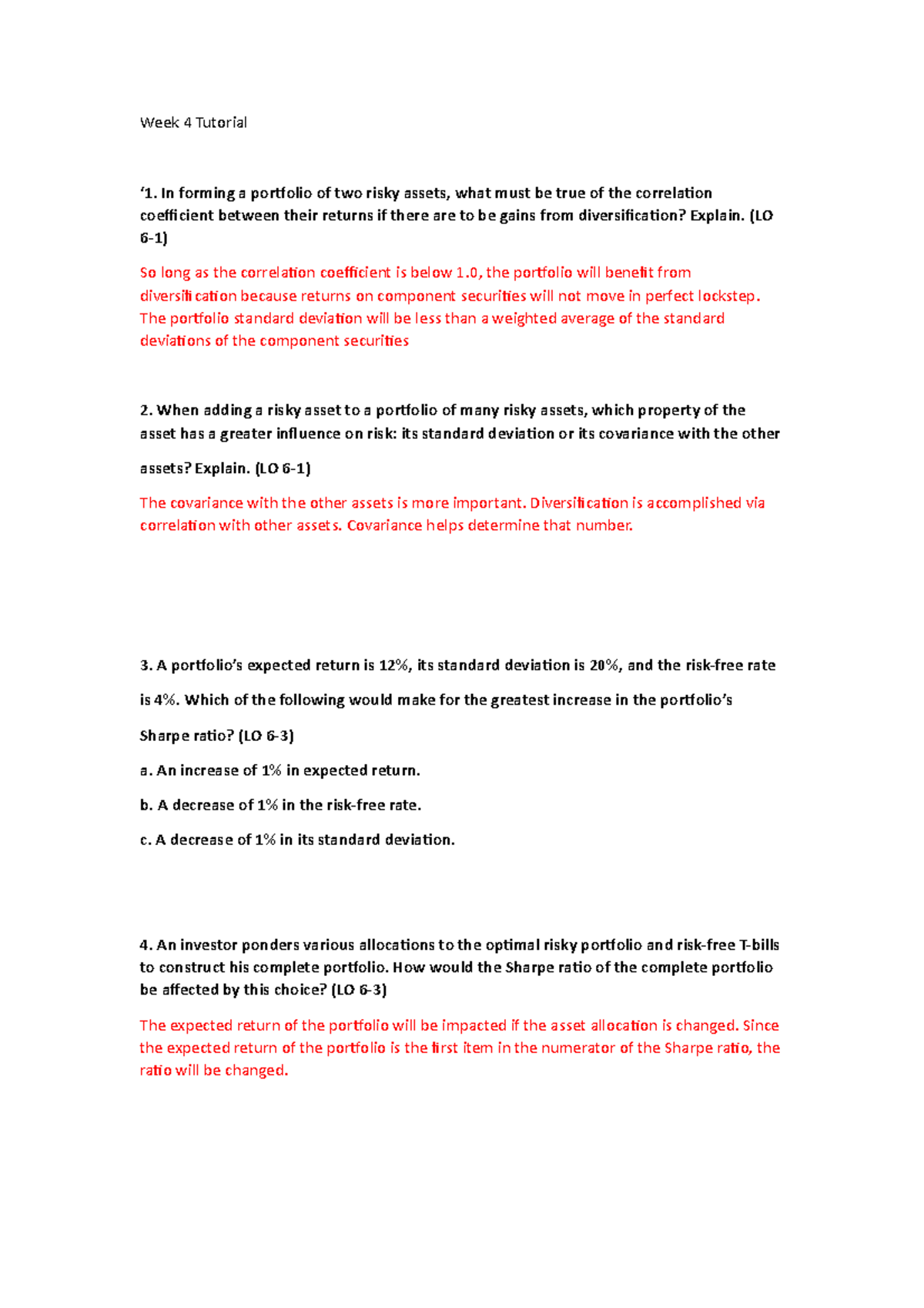 Week 4 Tutorial Efficient Diversification Week 4 Tutorial ‘1 In Forming A Portfolio Of Two