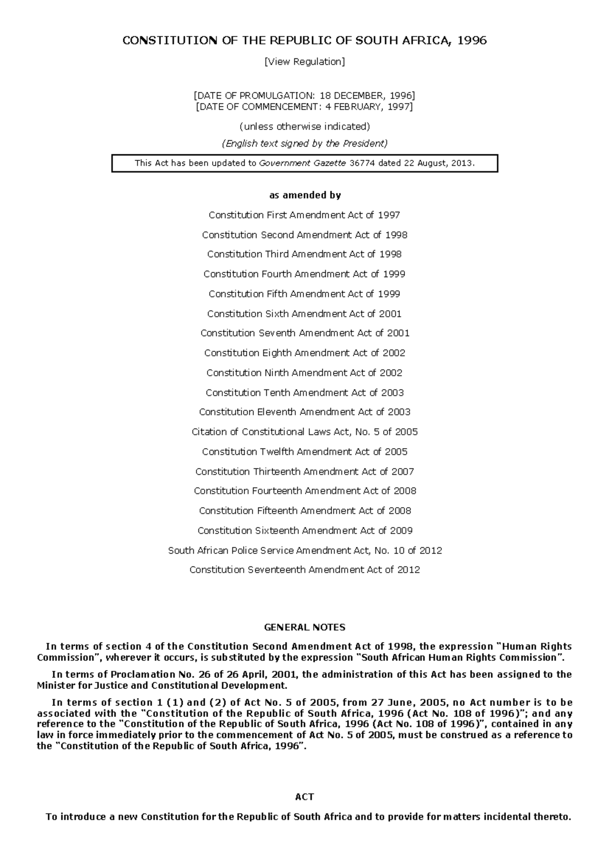 Constitution of the Republic of South Africa 1996 - CONSTITUTION OF THE ...