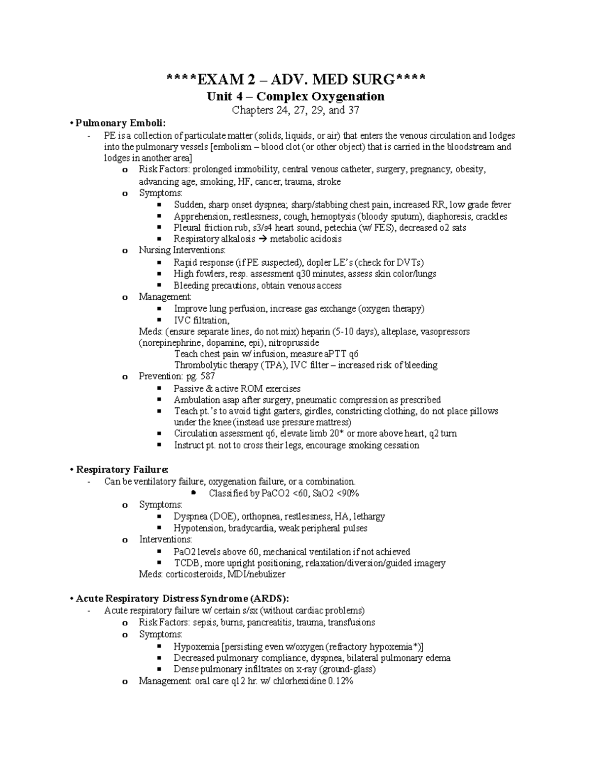 265 Exam 2 Study Guide - EXAM 2 – ADV. MED SURG Unit 4 – Complex ...