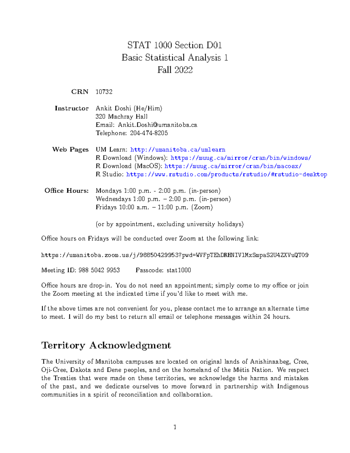 STAT 1000 D01 Syllabus Fall 2022 - STAT 1000 Section D Basic Statistical Analysis 1 Fall 2022 ...