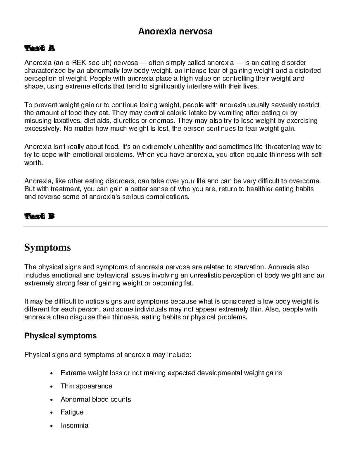 Anorexia nervosa - Oet reading material - Anorexia nervosa Test A ...