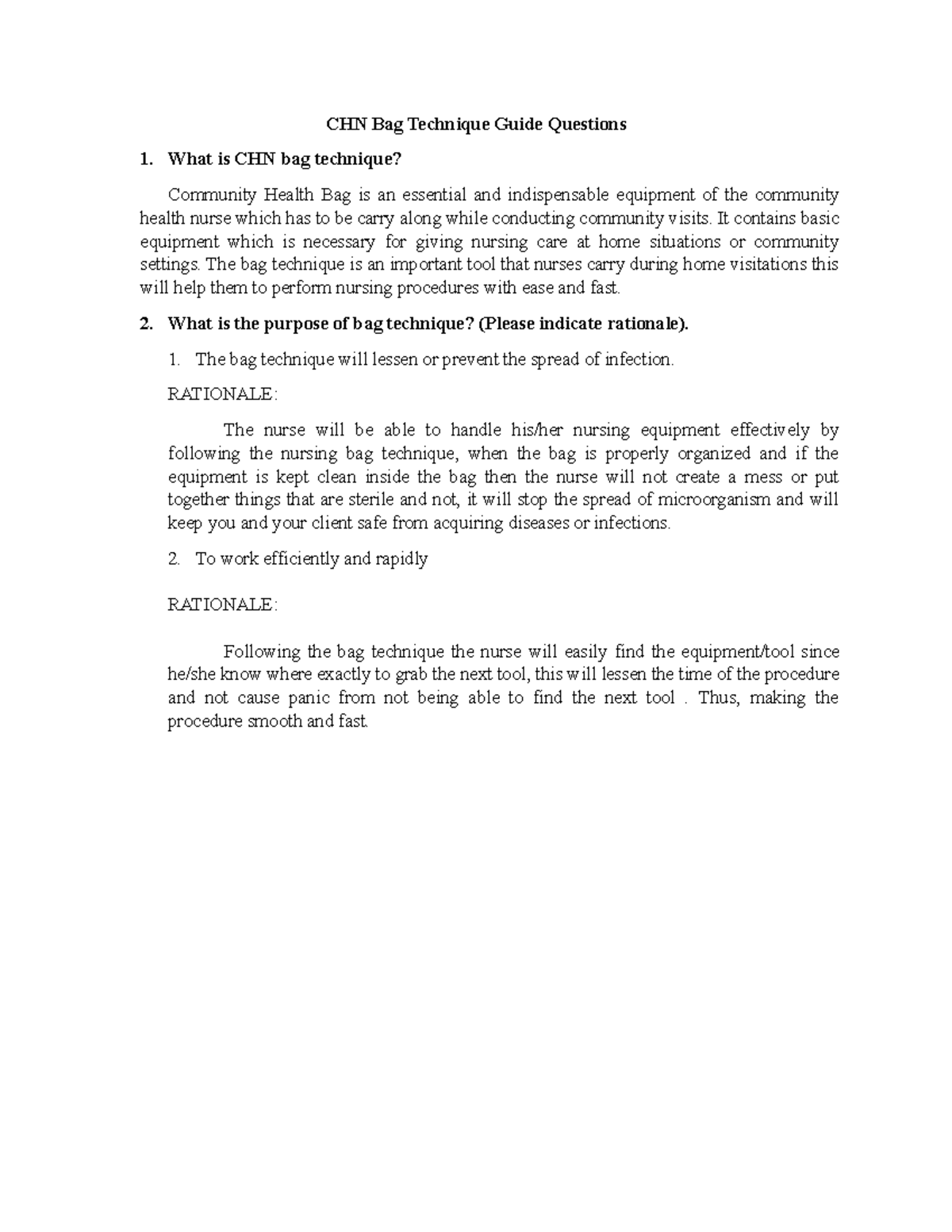 CHN BAG Technique AND Urinalysis - **CHN Bag Technique Guide Questions ...