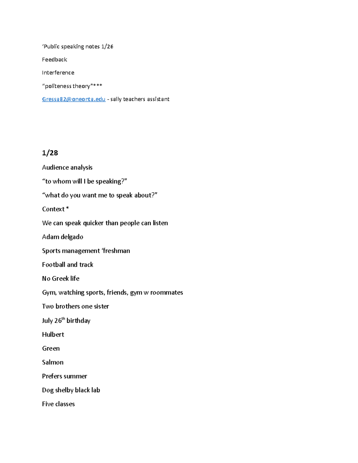 Public speaking - professor dwyer - ‘Public speaking notes 1/ Feedback ...