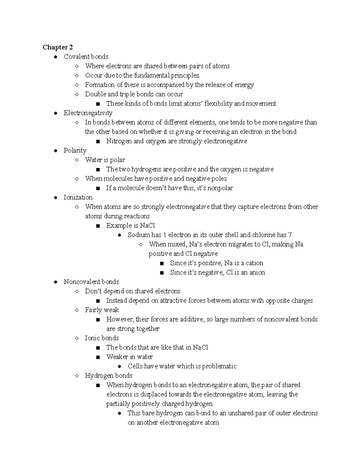 Bio Sci Textbook Notes Chapter 2 - Chapter 2 Covalent bonds Where ...