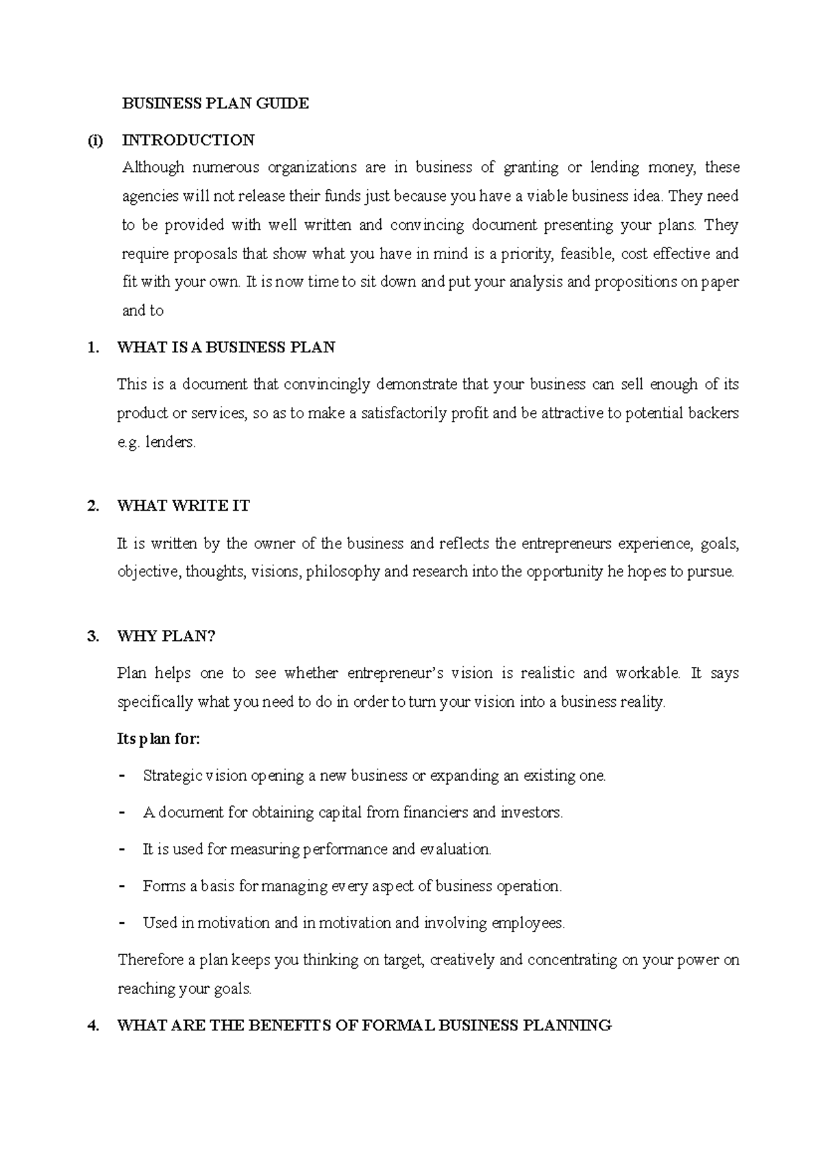 Business PLAN Guide - BUSINESS PLAN GUIDE (i) INTRODUCTION Although ...