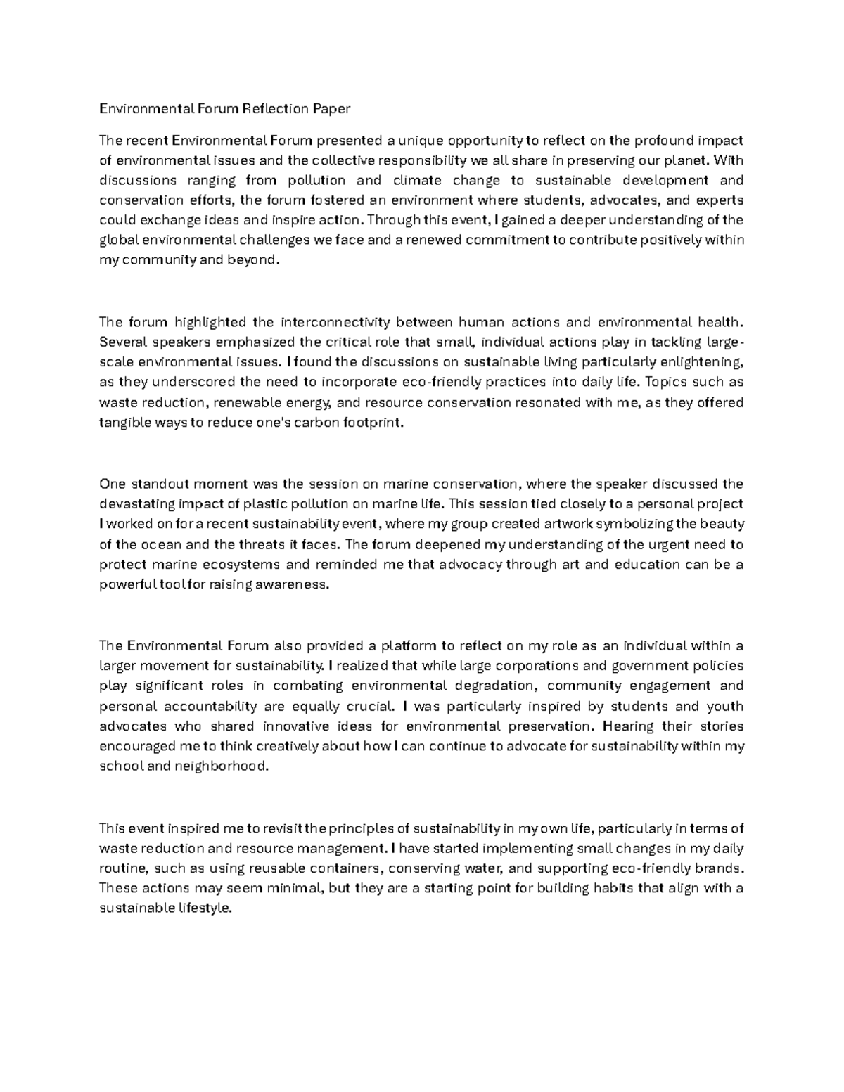 Environmental Forum Reflection Paper - With discussions ranging from ...