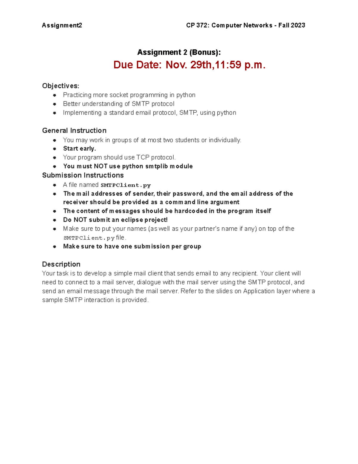 Assignment 2 CP372 Fall2023 Bonus - Assignment 2 (Bonus): Due Date: Nov ...