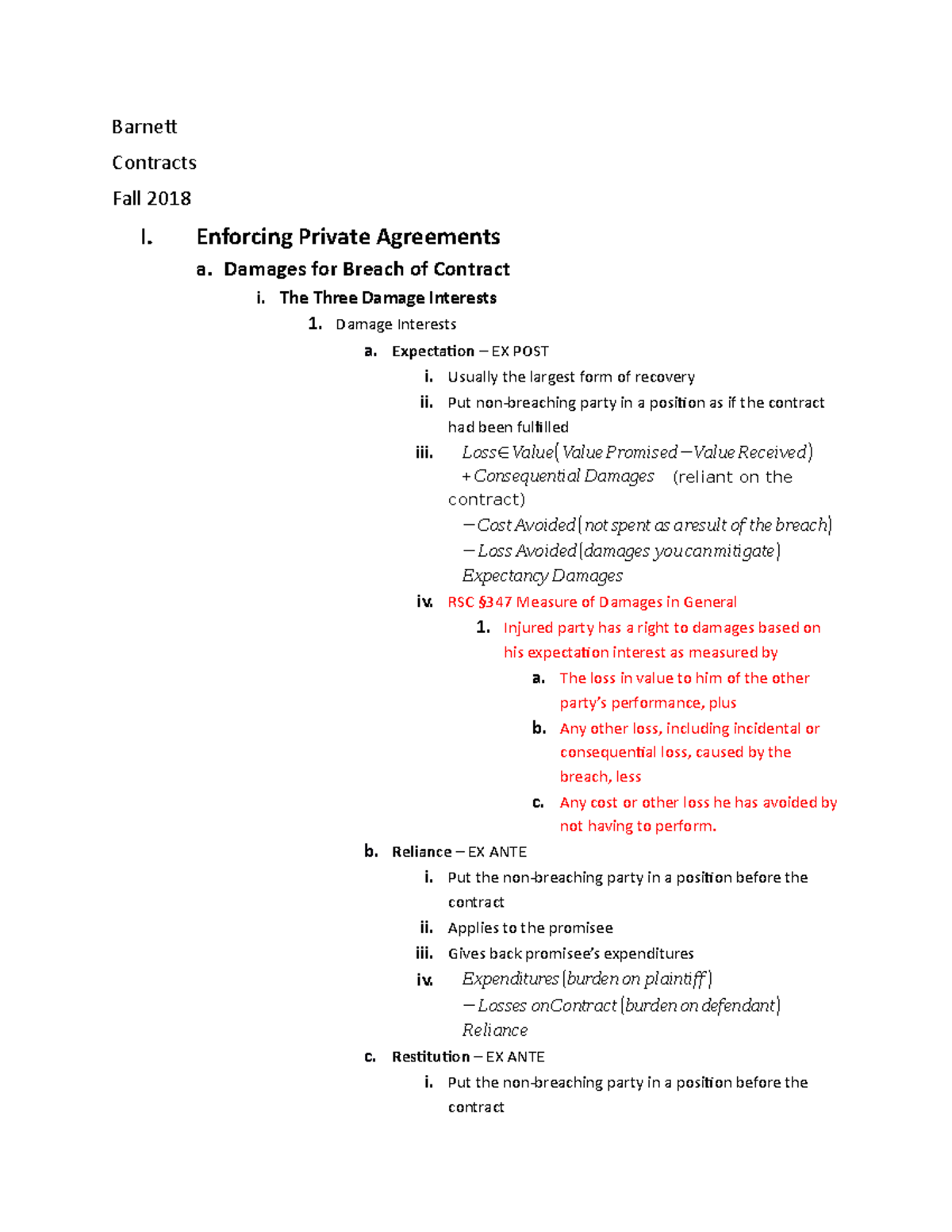 Contracts Fall Outline - Barnett Contracts Fall 2018 I. Enforcing ...