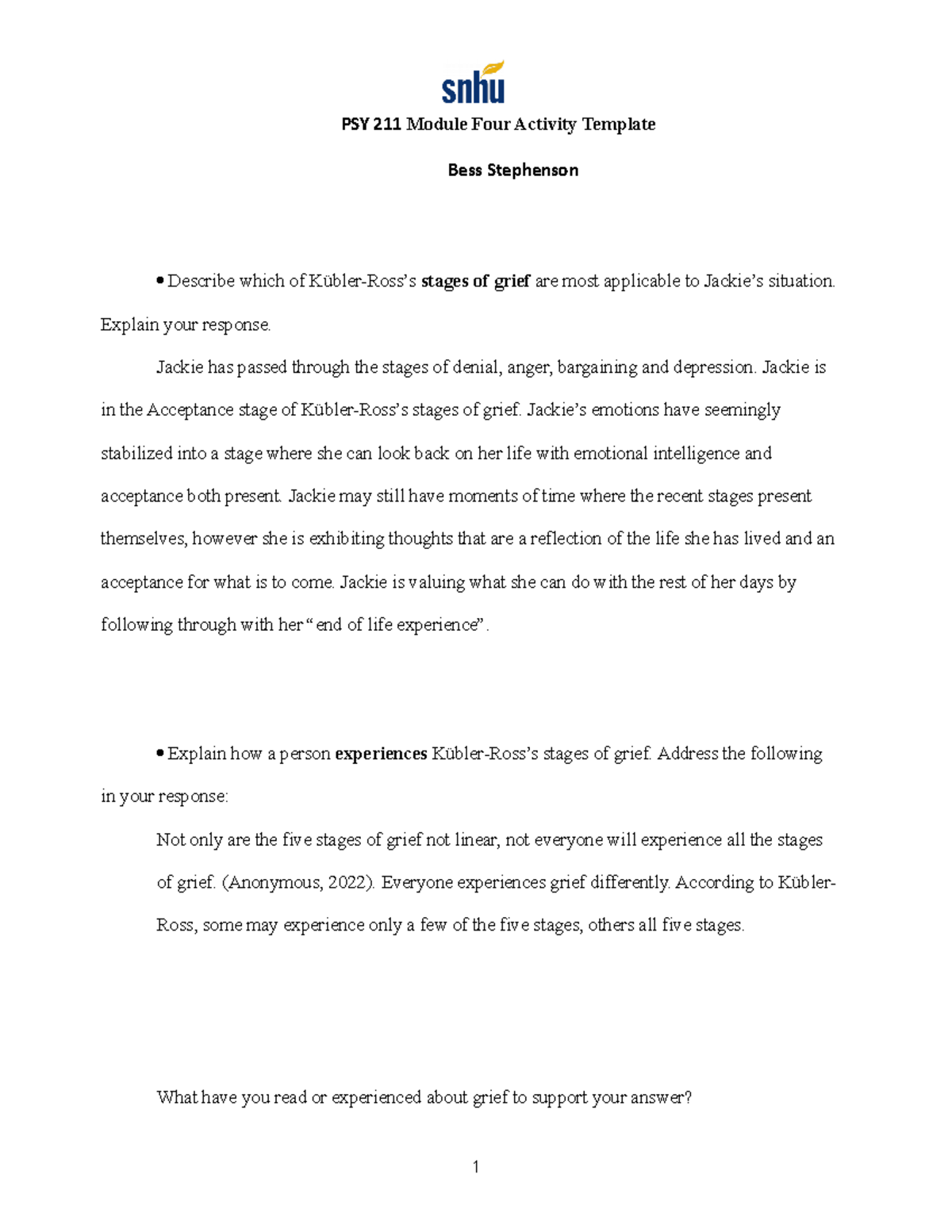 Mod 4 - Module 4 activity - PSY 211 Module Four Activity Template Bess ...