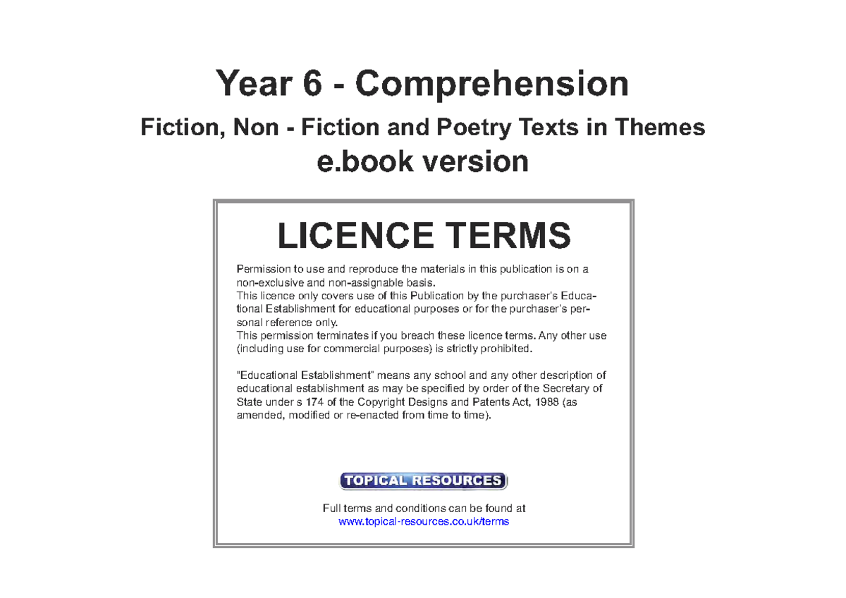 YEAR 6 Reading Comprehension - LICENCE TERMS Permission to use and ...