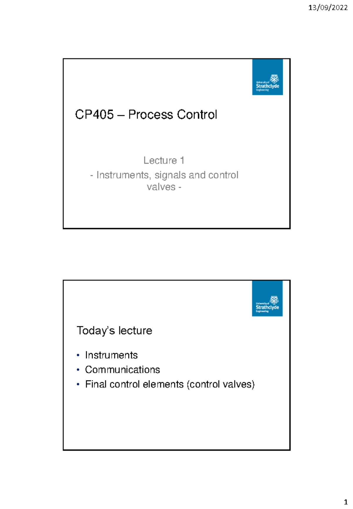 Process control Lecture 1 - CP405 – Process Control Lecture 1 ...
