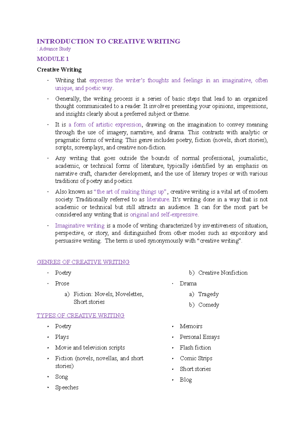 (ADV S) Creative Writing - INTRODUCTION TO CREATIVE WRITING : Advance ...