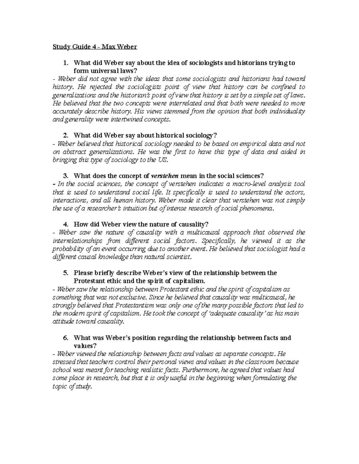 Study Guide 4 Weber - Study Guide 4 - Max Weber 1. What did Weber say ...