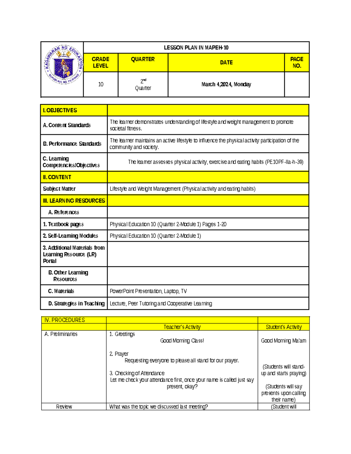 Lesson PLAN IN Mapeh - LESSON PLAN IN MAPEH- GRADE LEVEL QUARTER DATE ...