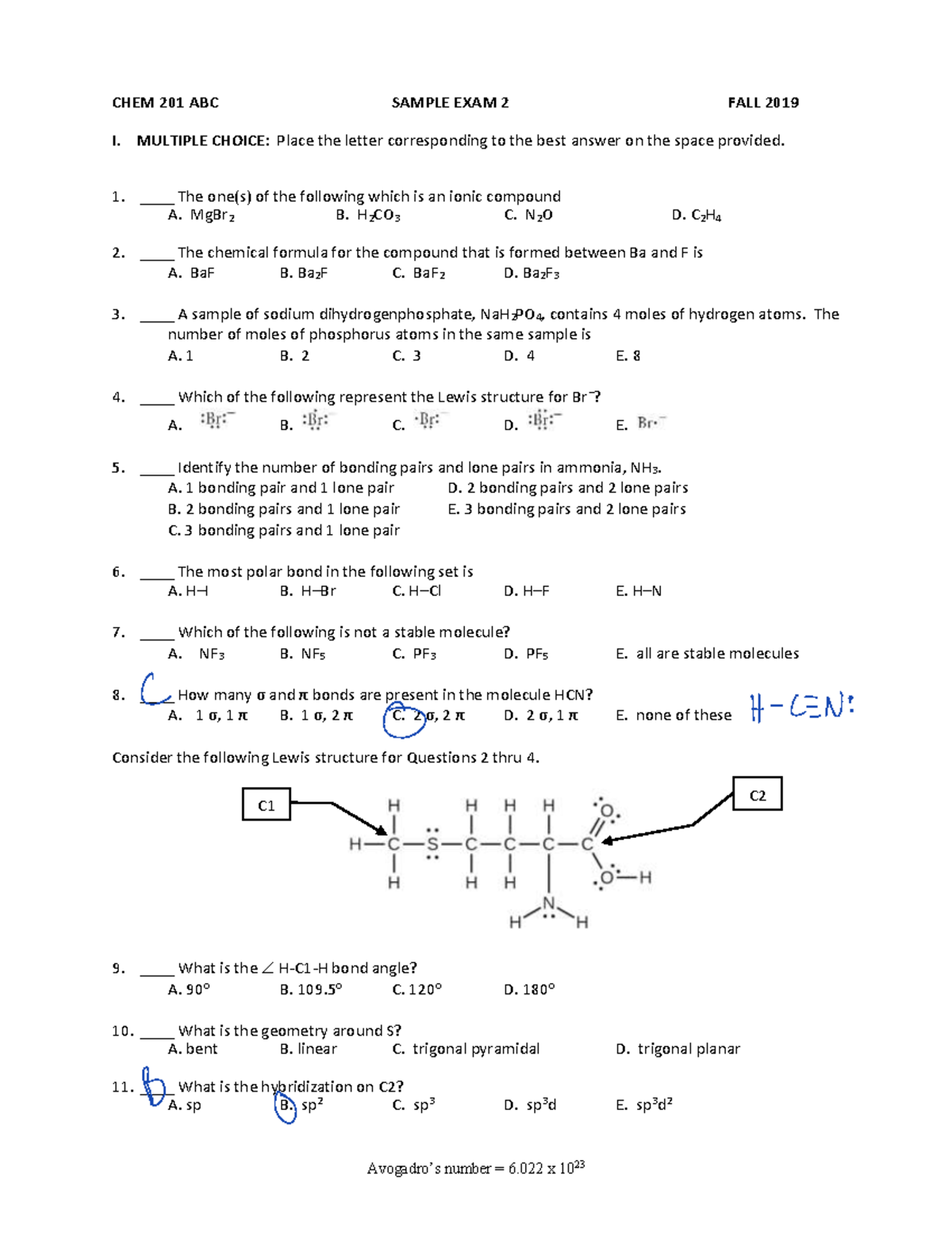 Exam 2 sample - CHEM 201 ABC SAMPLE EXAM 2 FALL 2019 I. MULTIPLE CHOICE ...