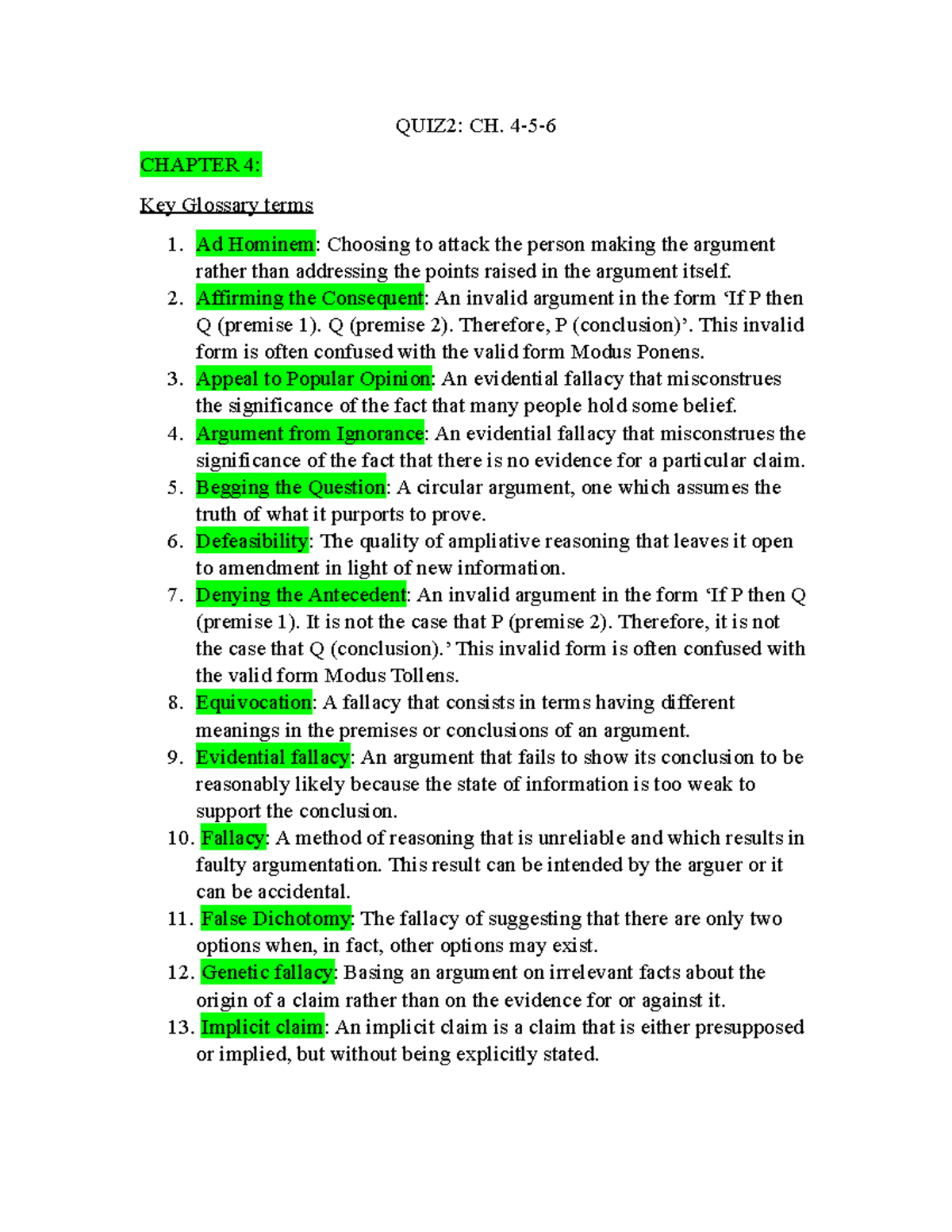Quiz 2 -PHIL210 - QUIZ - QUIZ2: CH. 4-5- CHAPTER 4: Key Glossary terms ...