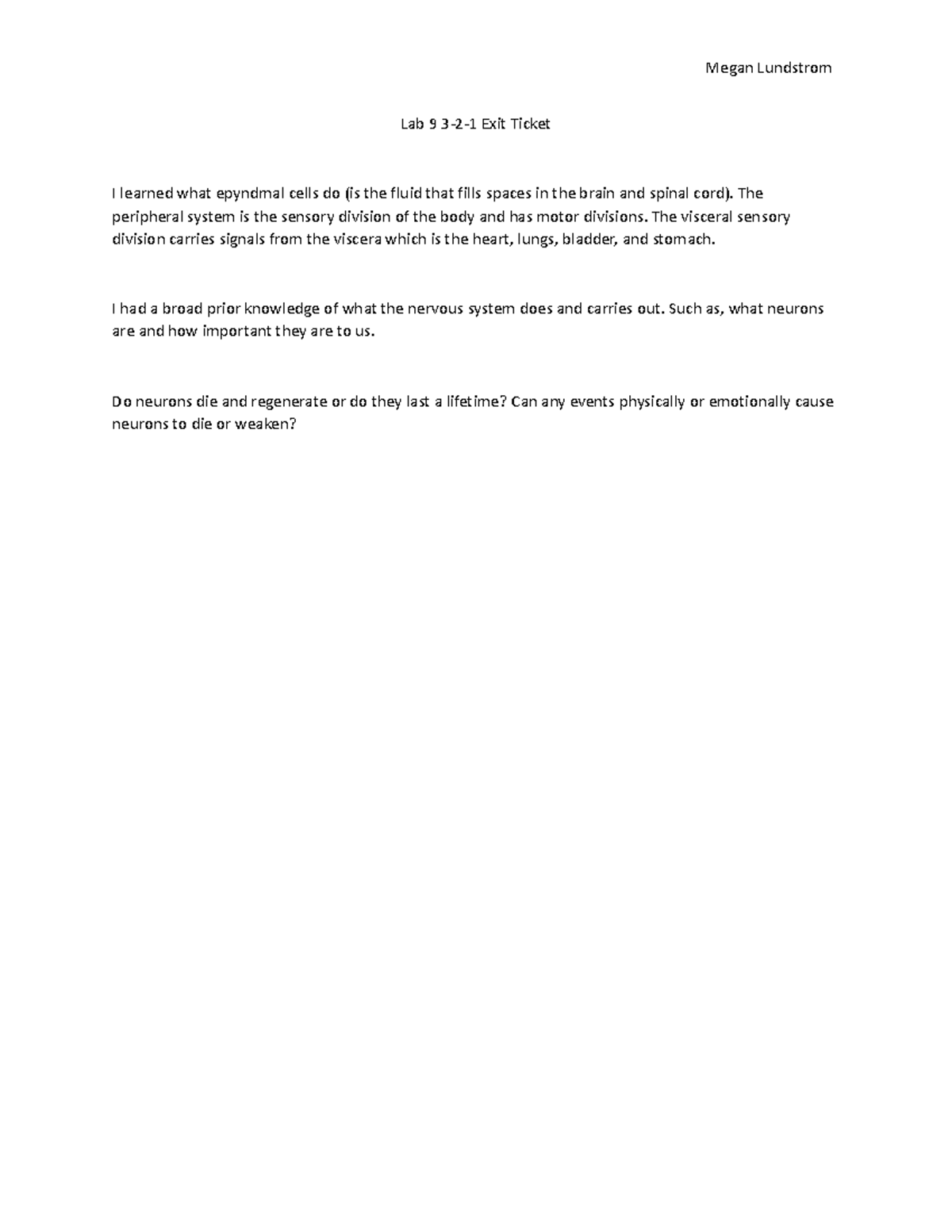 Lab 9 3-2-1 Exit Ticket - Questions that help prepare for final exam in ...