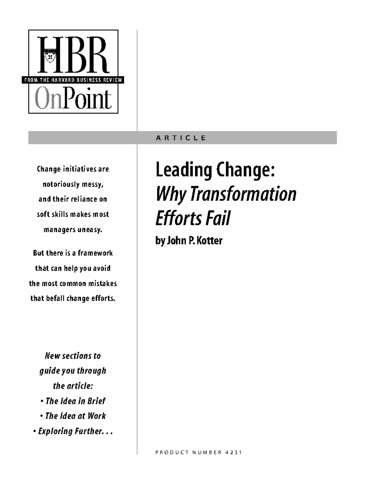 Kotter - Org change - HBR OnPoint FROM THE HARVARD BUSINESS REVIEW ...