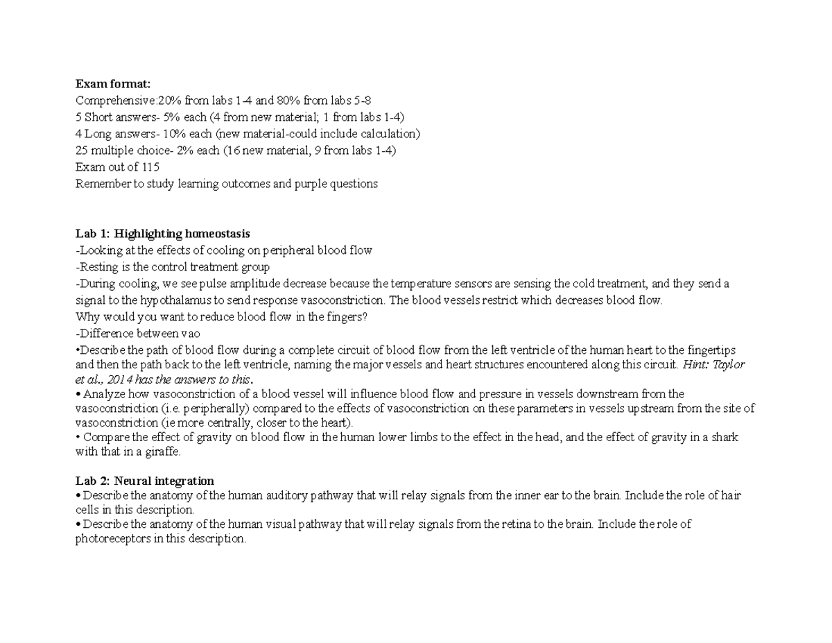 BIO 224 Lab exam review - Exam format: Comprehensive:20% from labs 1-4 ...