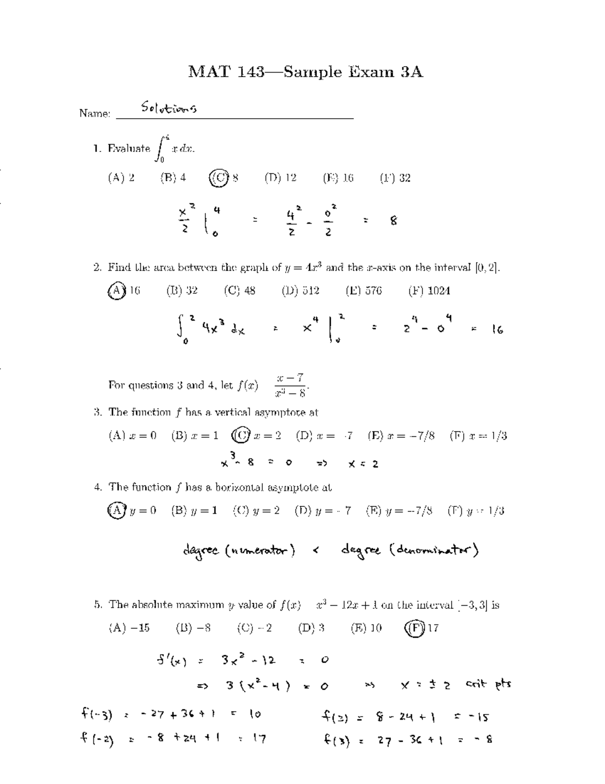 Sample Exam 3A Solutions - MAT 143 - Studocu