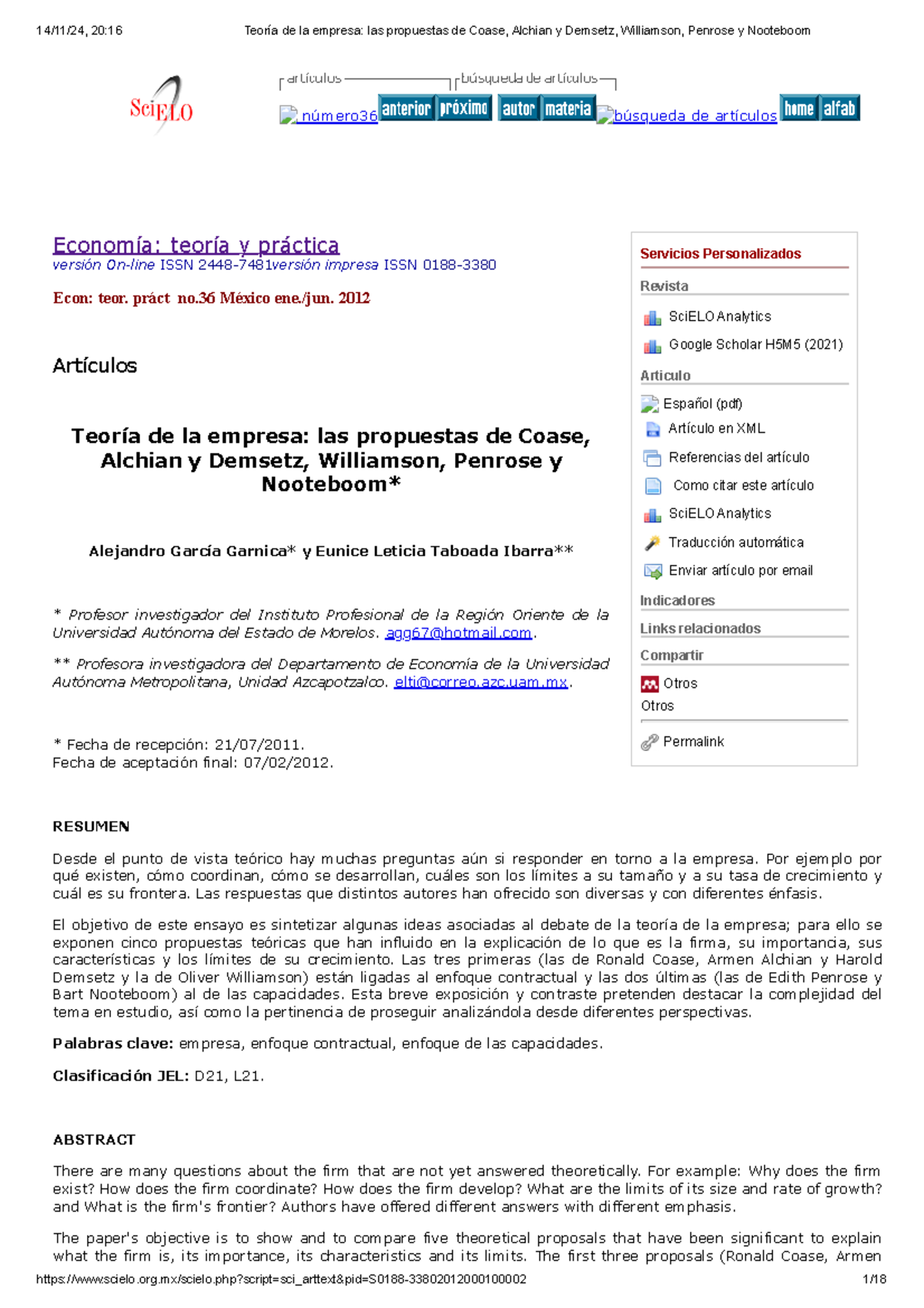 Lectura primera - Servicios Personalizados Revista SciELO Analytics Google Scholar H5M5 ( 2021 ...