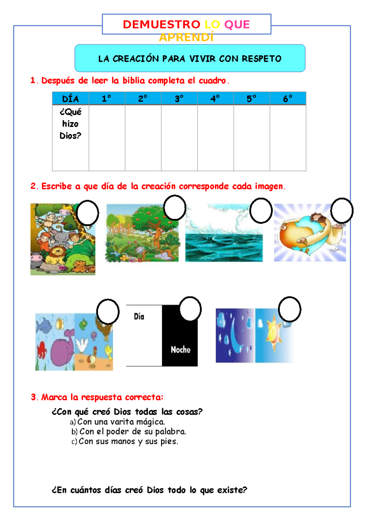 01. Ficha Religion LA Creación - Educación - DEMUESTRO LO QUE APRENDÍ 1 ...