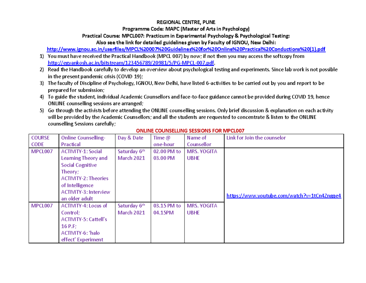 MPCL007 - PRoject work - REGIONAL CENTRE, PUNE Programme Code: MAPC ...