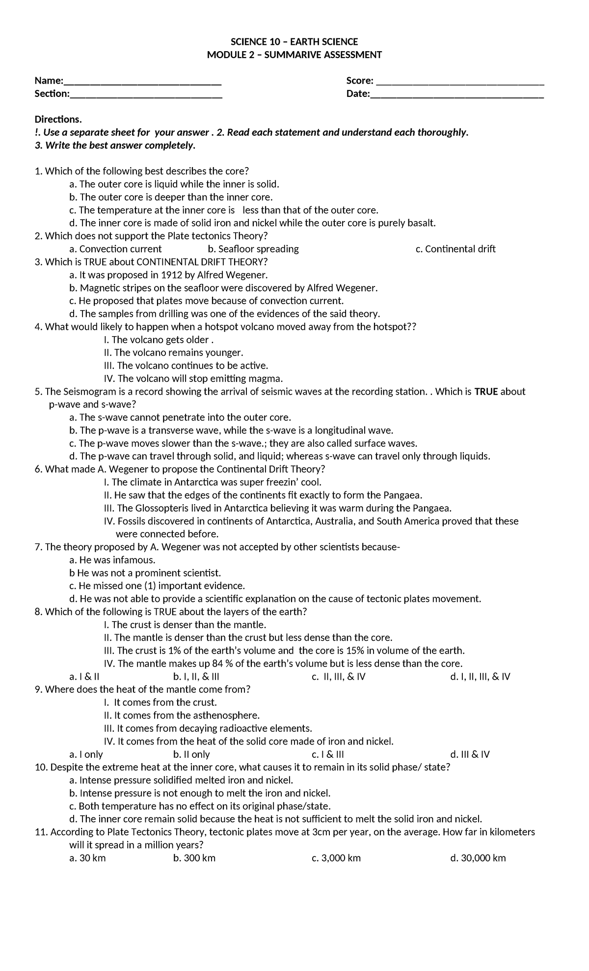 Science 10 Q1 Module 2 Summative ASS - SCIENCE 10 – EARTH SCIENCE ...