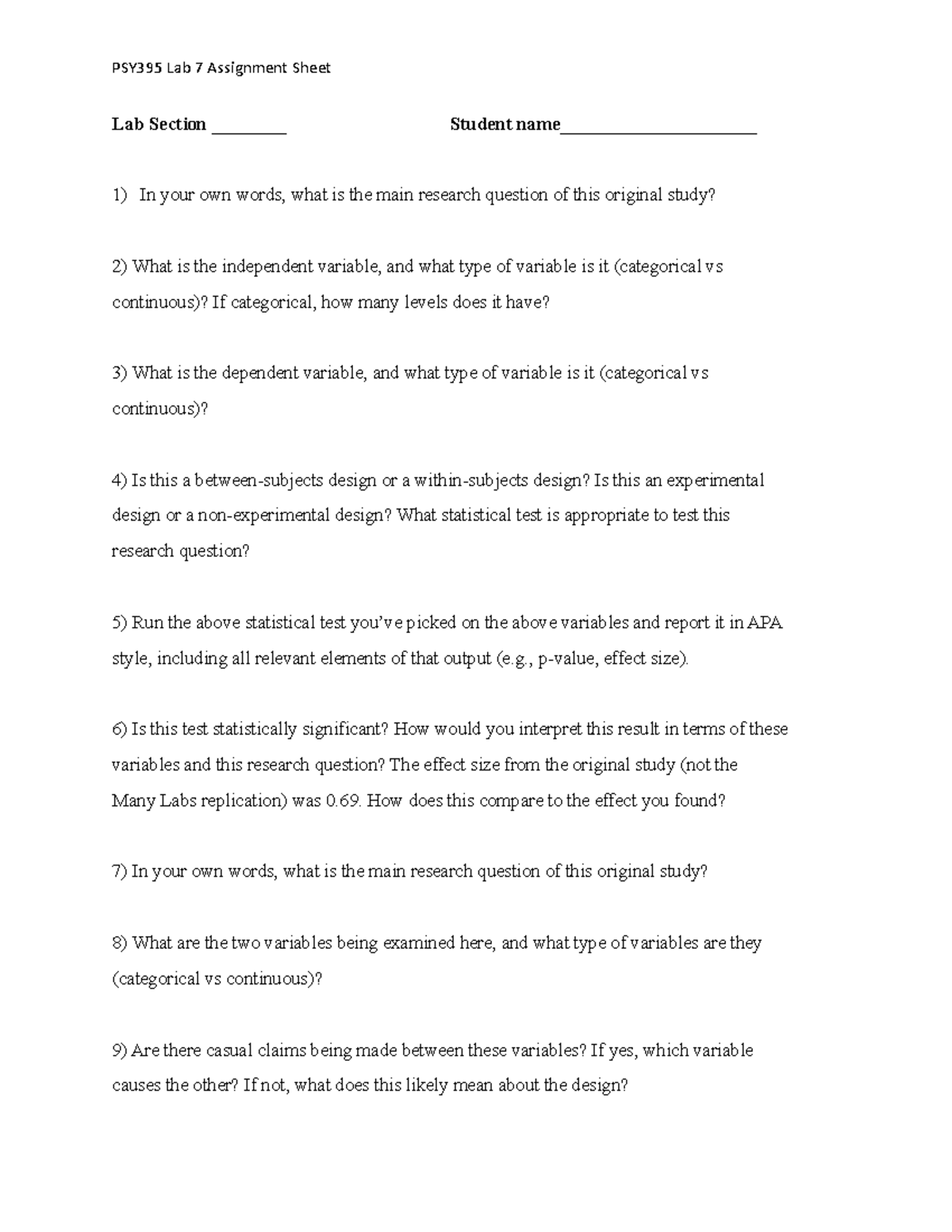 PSY 395 Lab 7 Assignment sheet - PSY395 Lab 7 Assignment Sheet Lab Section ________ Student ...