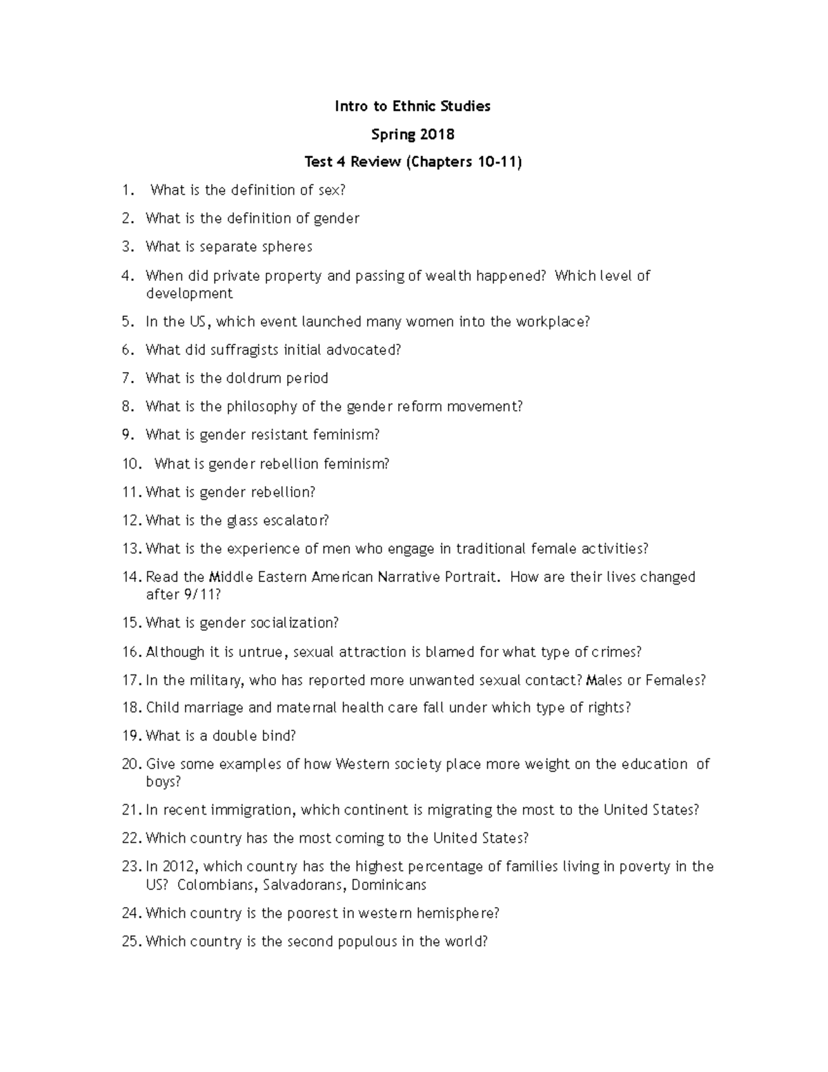Test 4 Review Questions-Spring 2018 PDF - Intro to Ethnic Studies ...