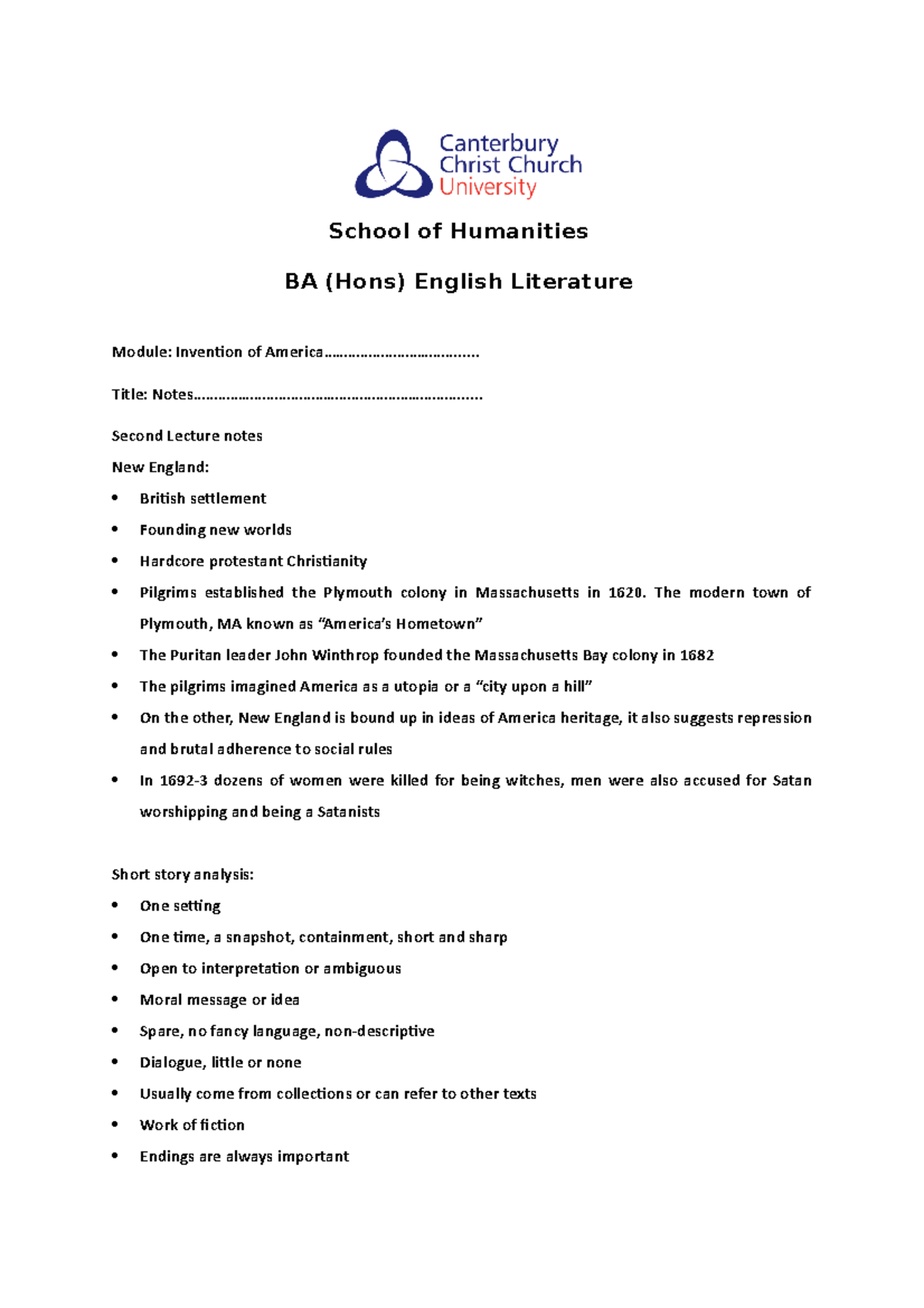 IOA - Second Lecture notes - School of Humanities BA (Hons) English ...