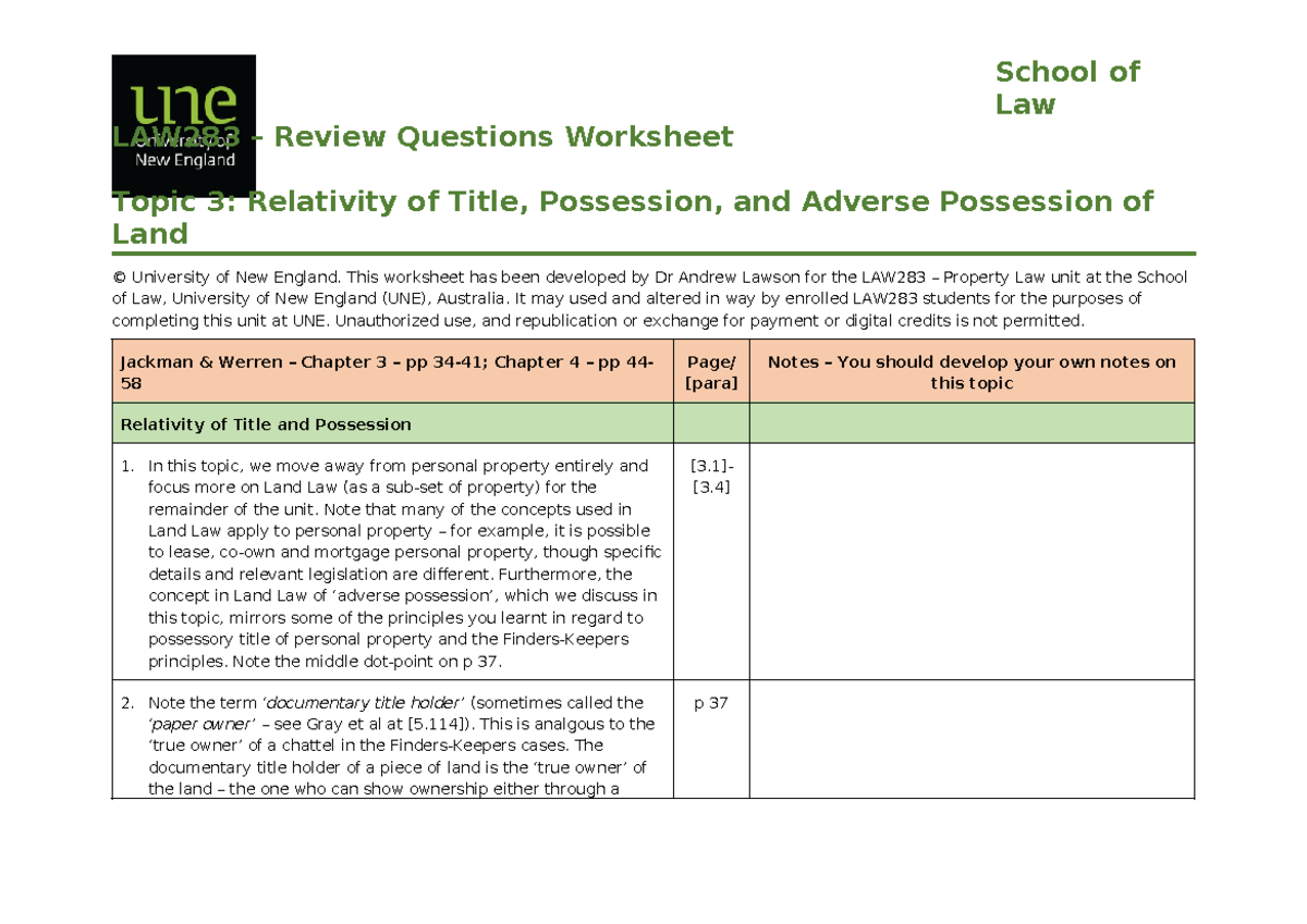 3 Adverse Possession - lecture notes - School of Law LAW283 – Review ...