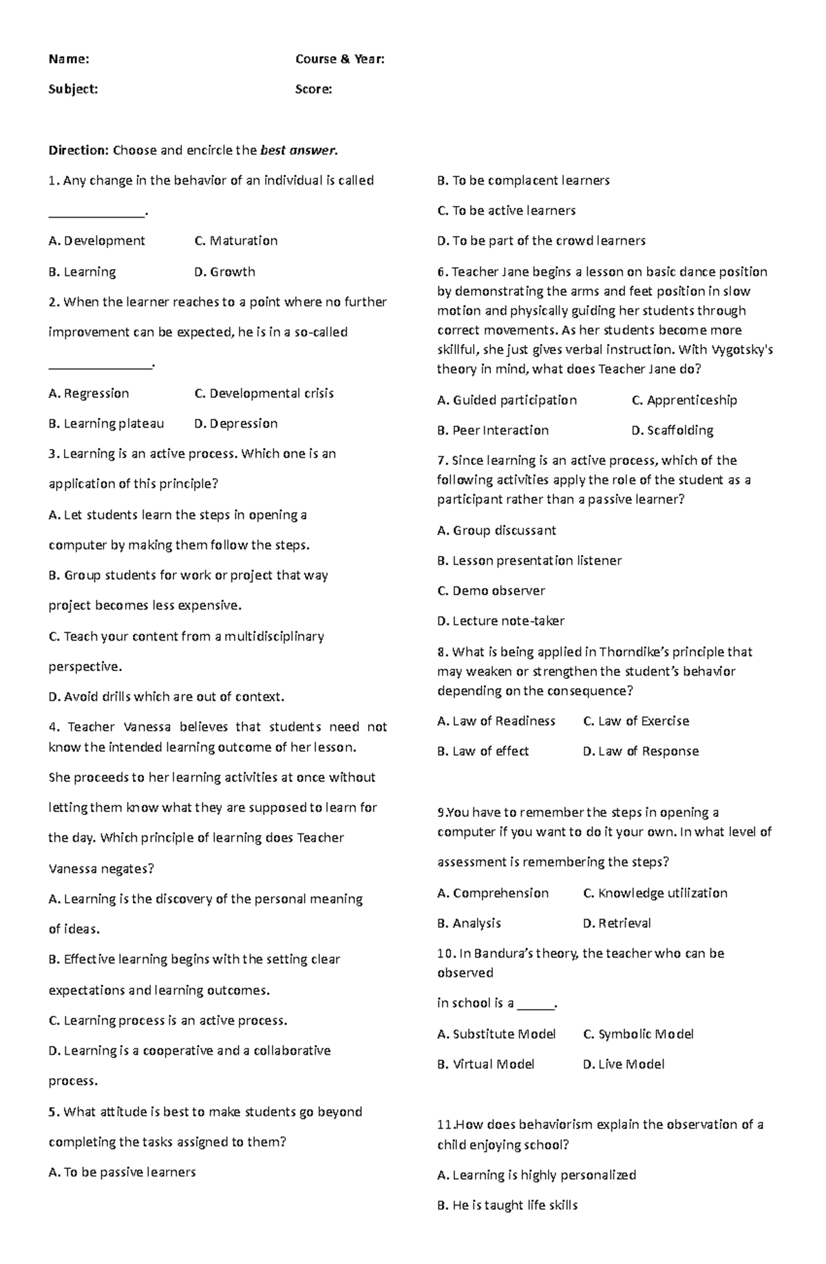 Exam keys blue. - Name: Course & Year: Subject: Score: Direction ...