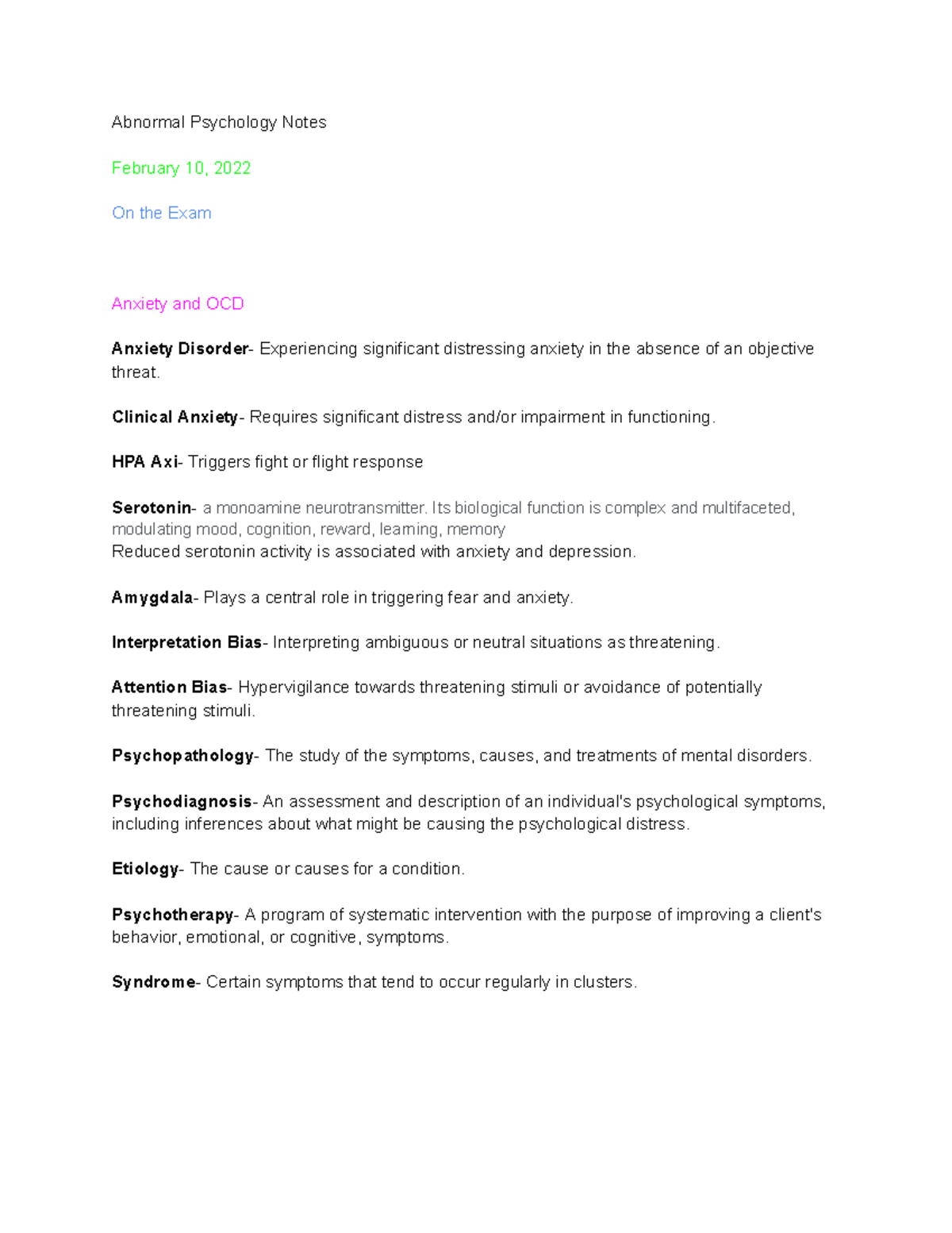 Abnormal Psychology Notes - Abnormal Psychology Notes February 10, 2022 ...