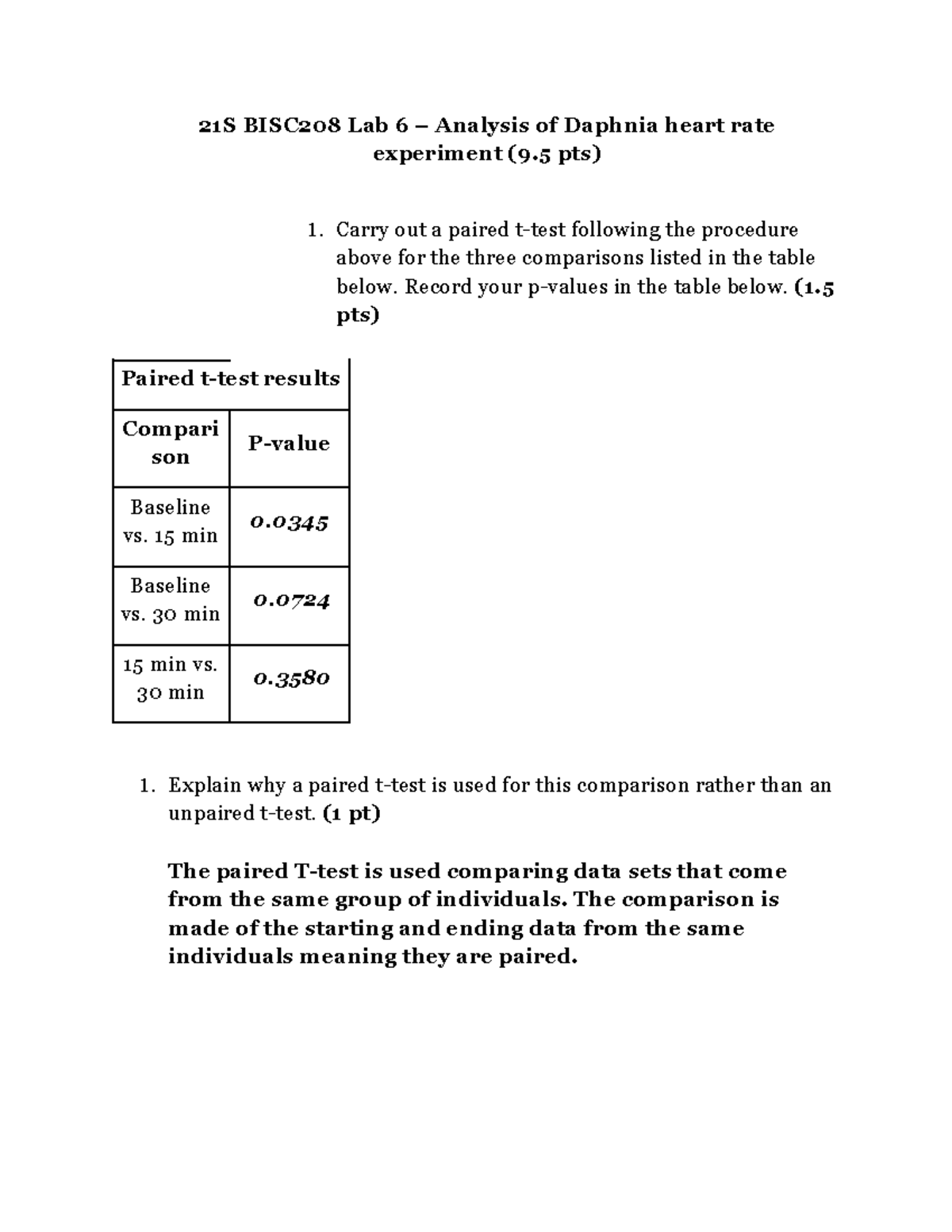 Lab 6 – Analysis of Daphnia heart rate experiment - Record your p ...
