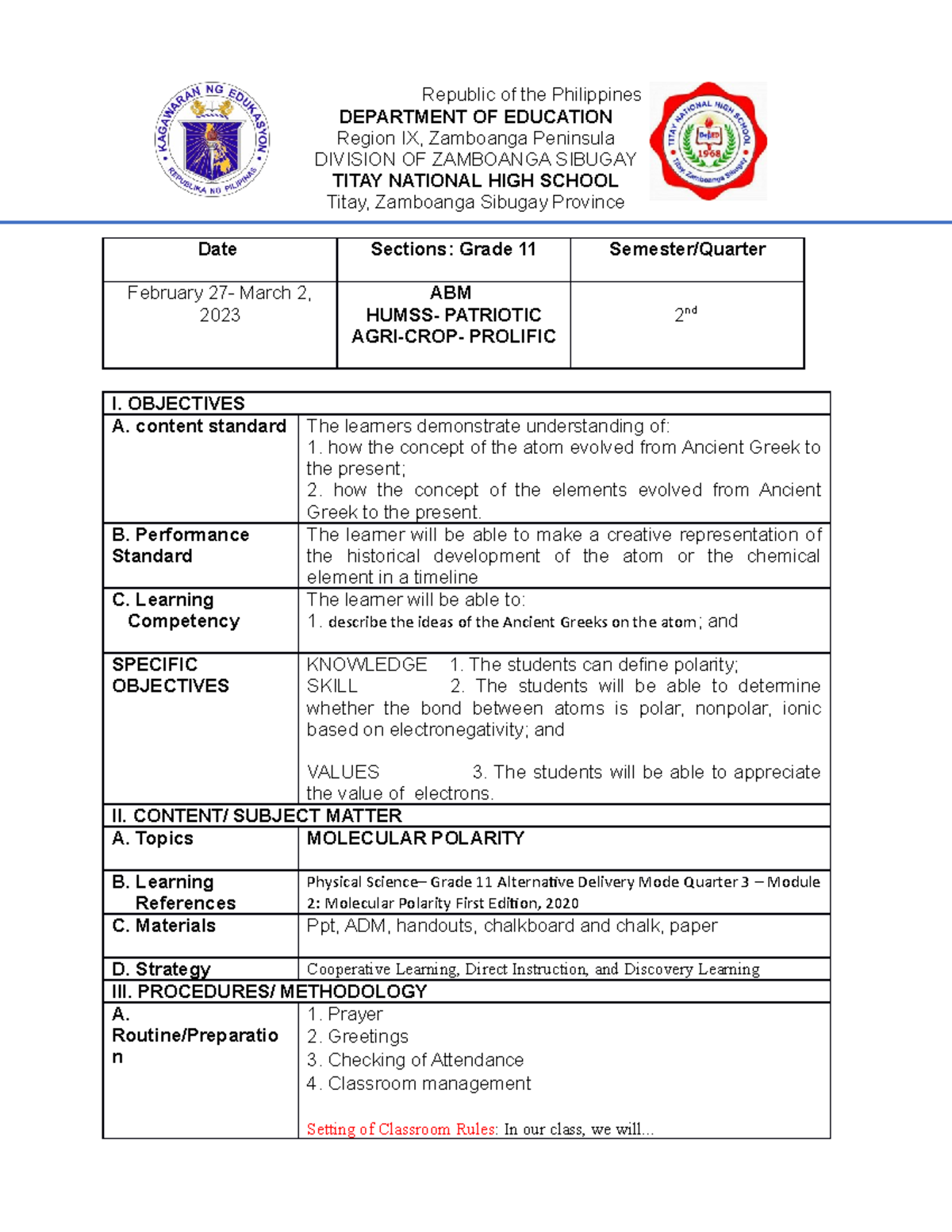 Practice lesson plan - Republic of the Philippines DEPARTMENT OF ...