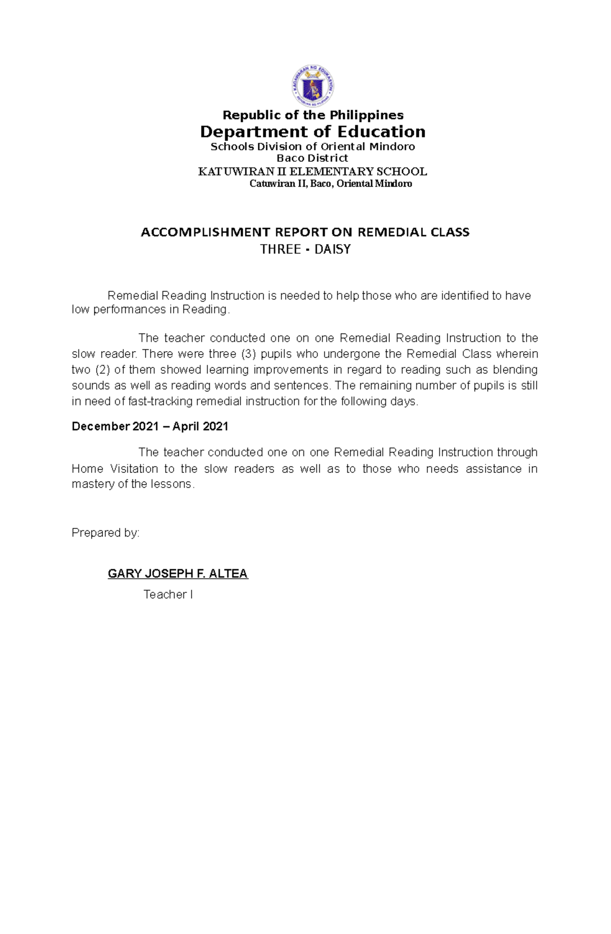 Accomplishment Report On Remedial Class Republic Of The Philippines