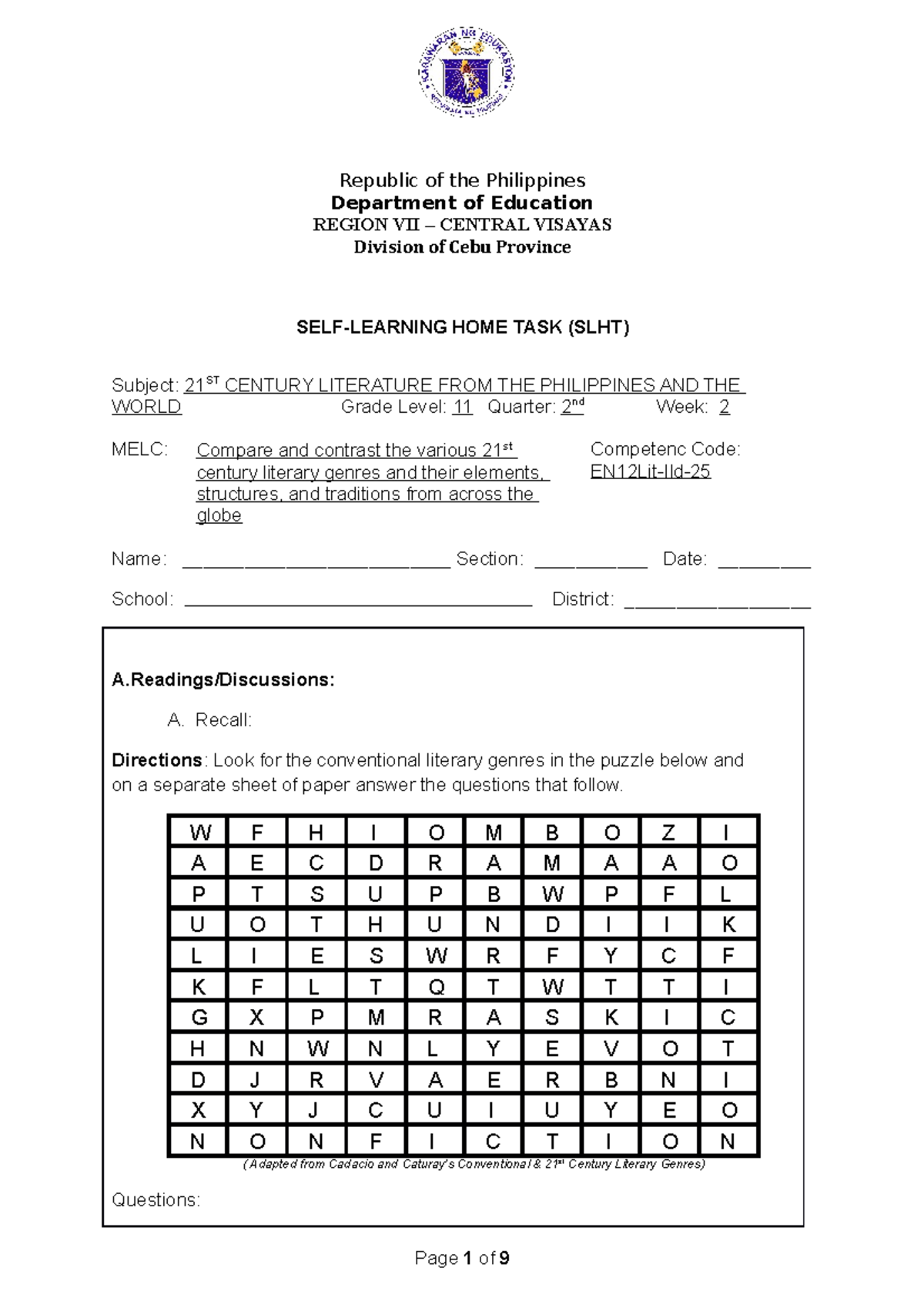 21ST Century LIT.SLHT 2final - Republic of the Philippines Department ...