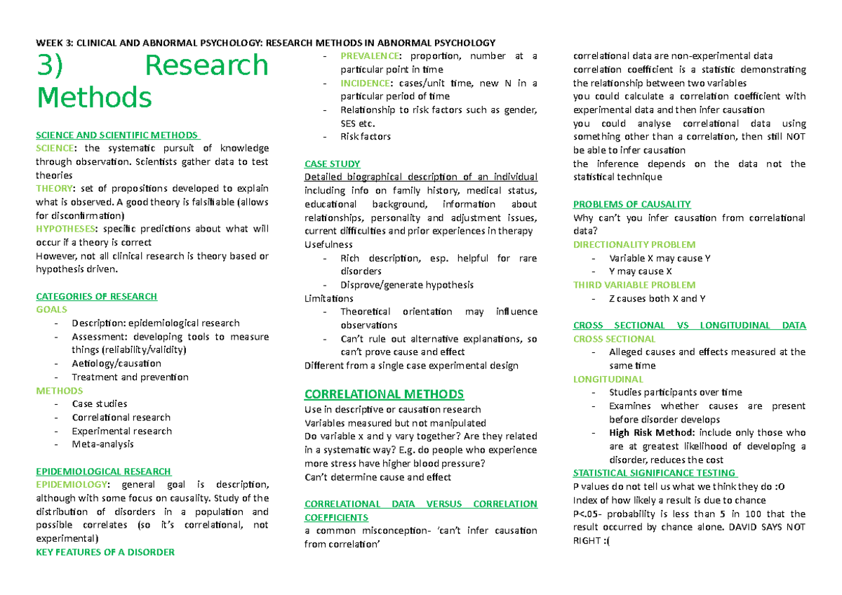 Week 3 - Research Methods - WEEK 3: CLINICAL AND ABNORMAL PSYCHOLOGY ...