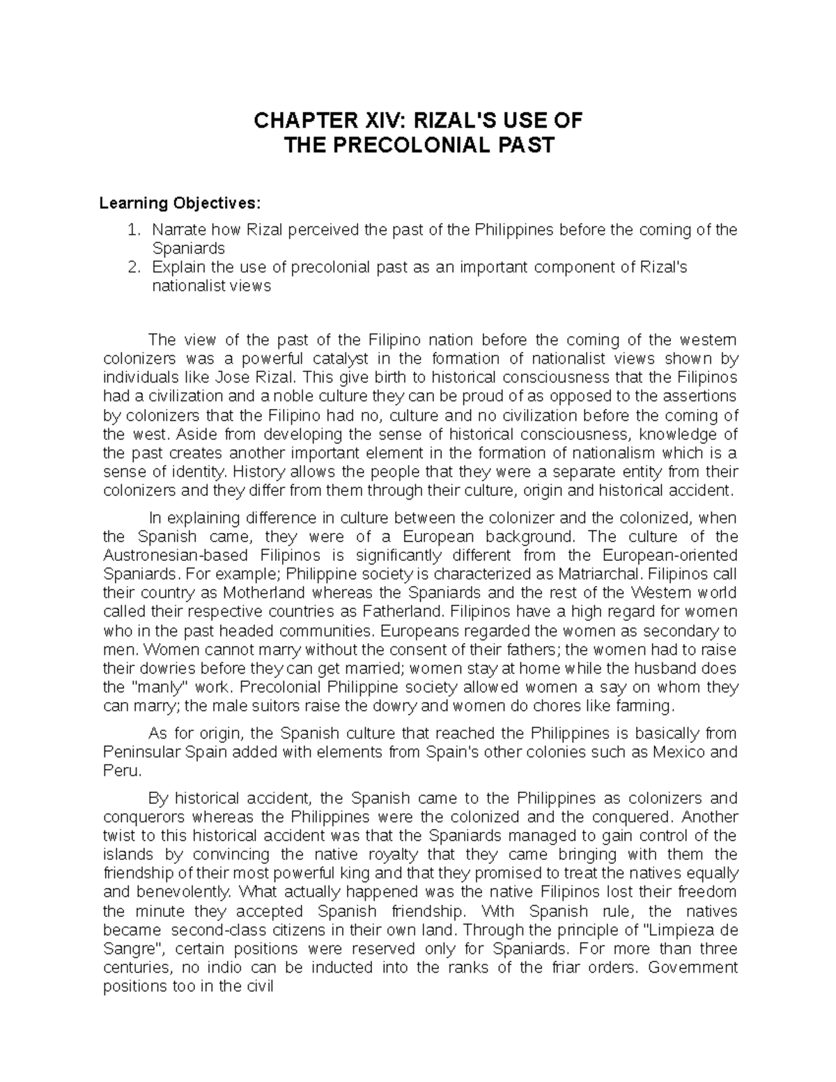 Chapter 14 - CHAPTER XIV: RIZAL'S USE OF THE PRECOLONIAL PAST Learning Objectives: 1. Narrate ...