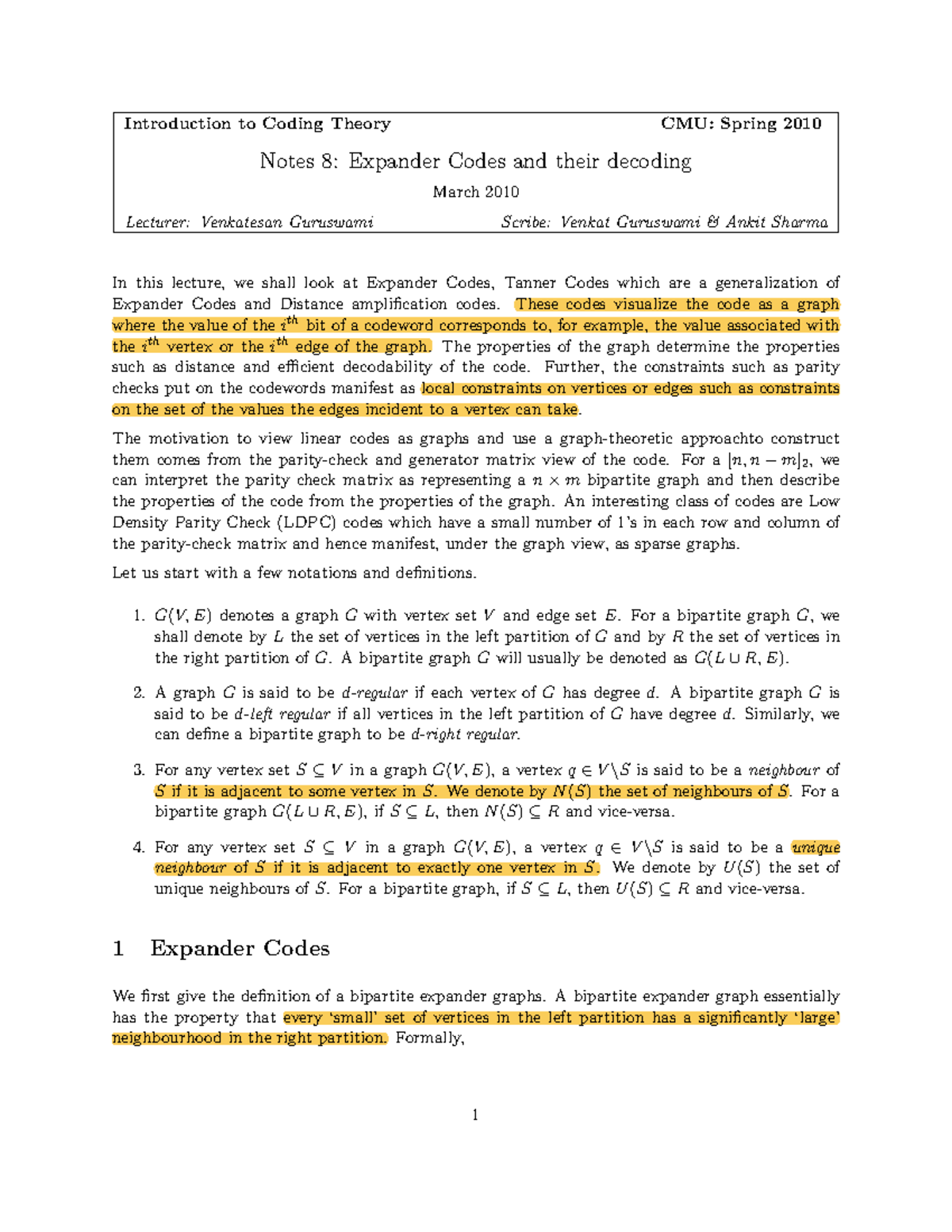Expander codes Venkyguruswami - Introduction to Coding Theory CMU ...