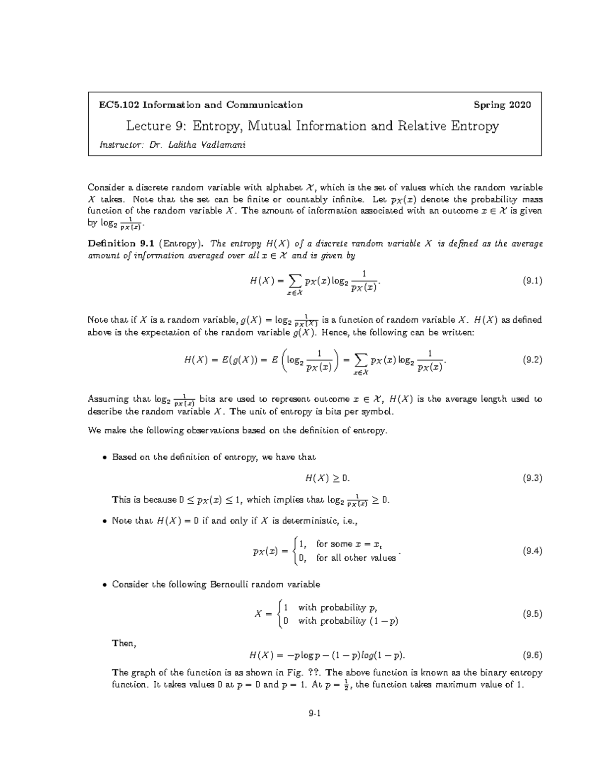 Info Comm Lecture 9 - EC5 Information and Communication Spring 2020 ...