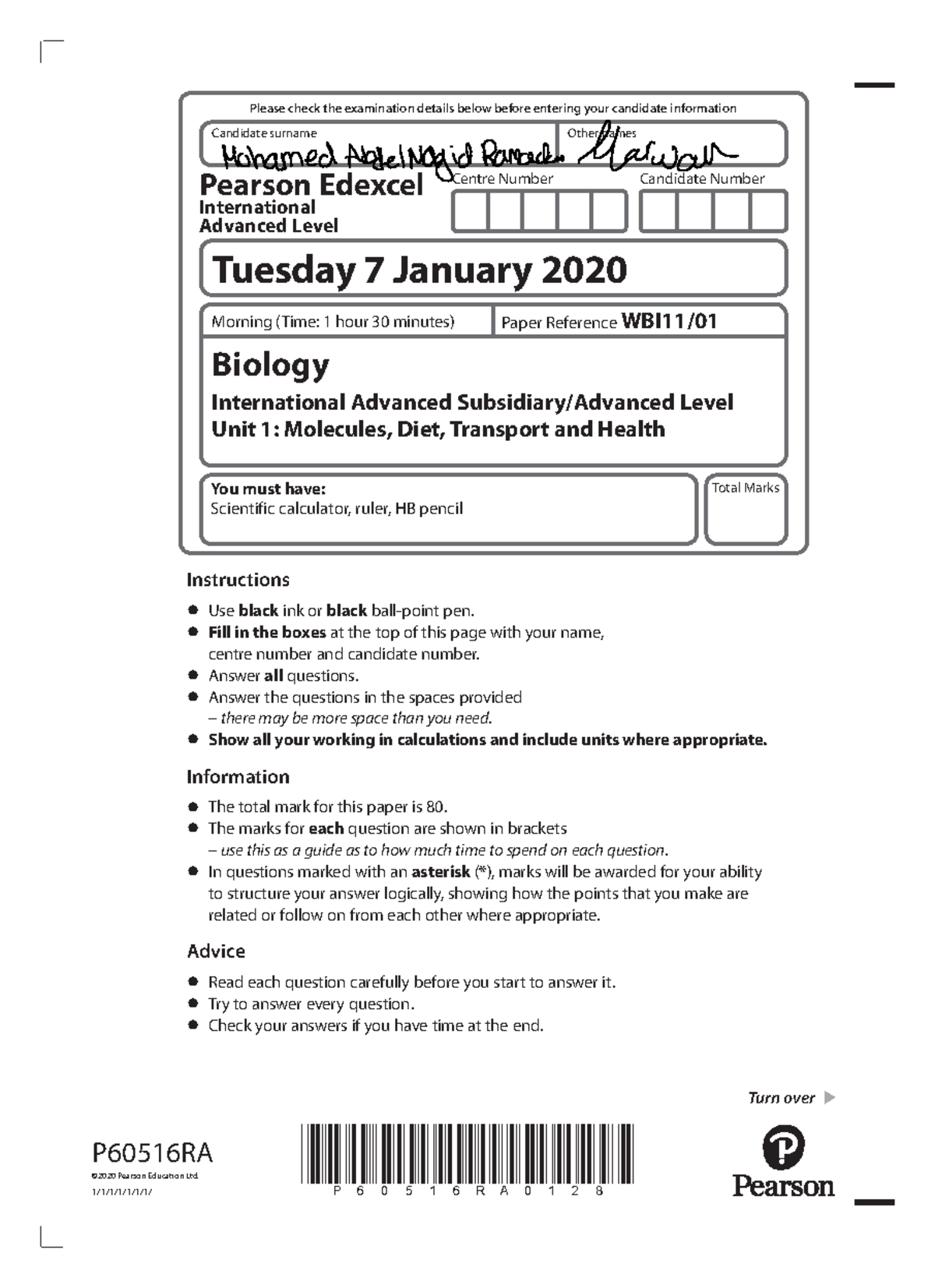 Jan 2020 unit 1 bio - solved exam - Candidate surname Other names Total Marks Centre Number ...