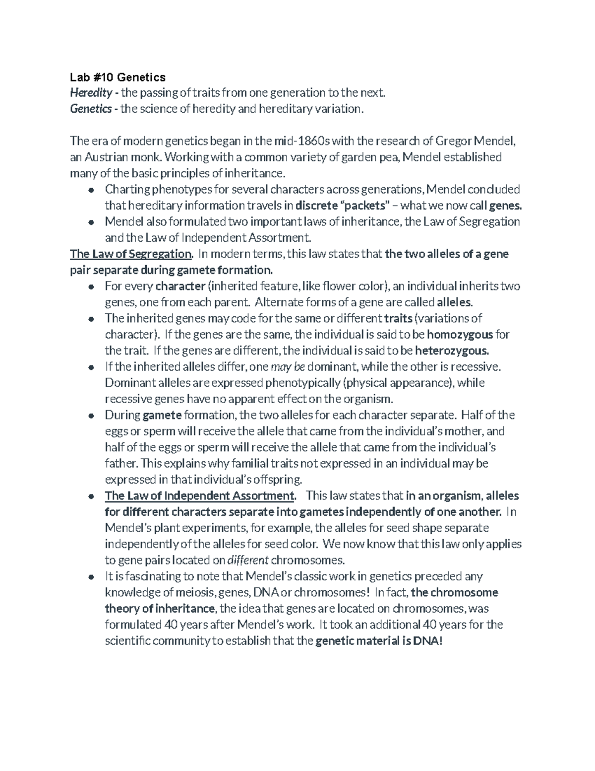 Lab #10 Genetics - Lab #10 Genetics Heredity - the passing of traits from one generationto the ...