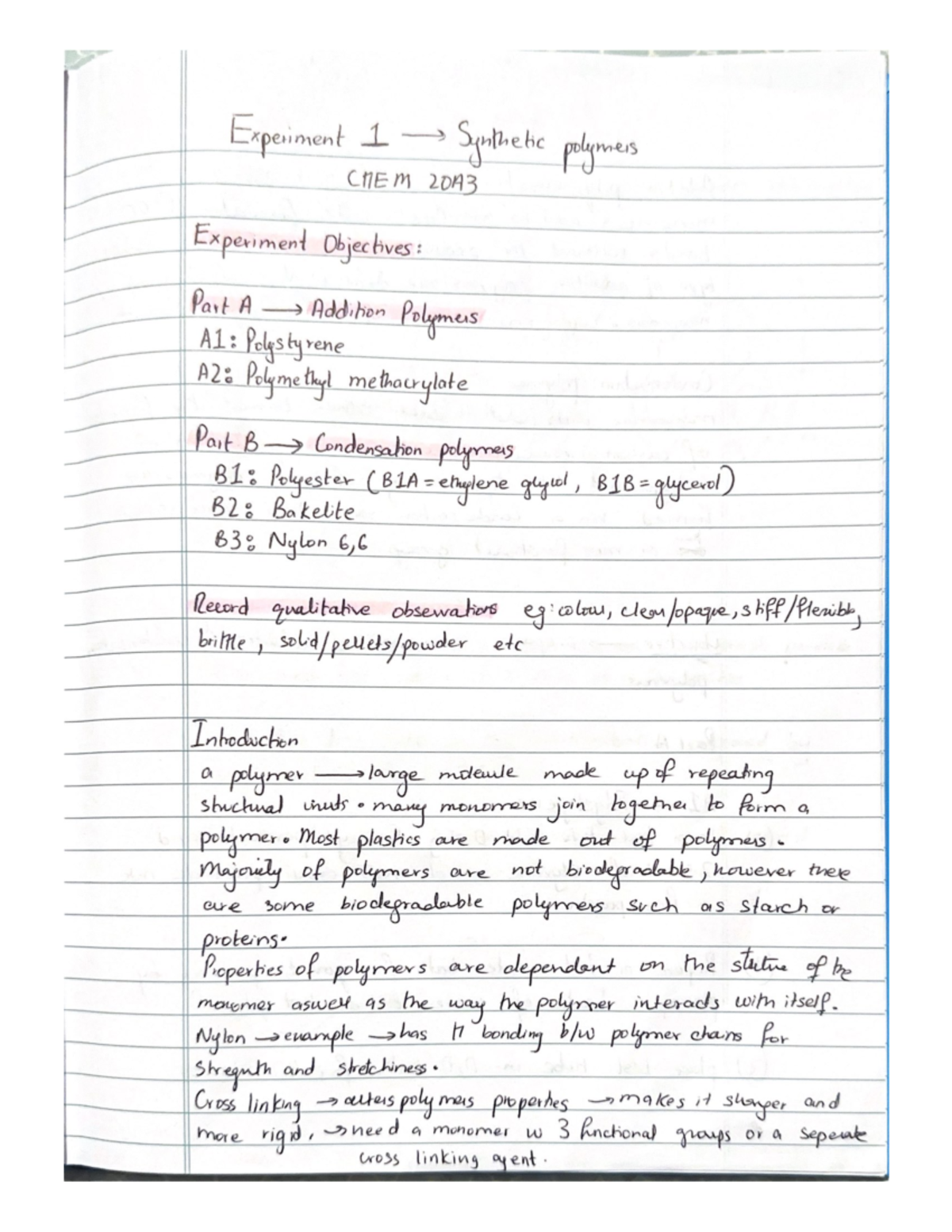 lab 1 - polymers - Experiment 1 Synthetic polymers CHEM 20A3 Experiment Objectives: Part A ...