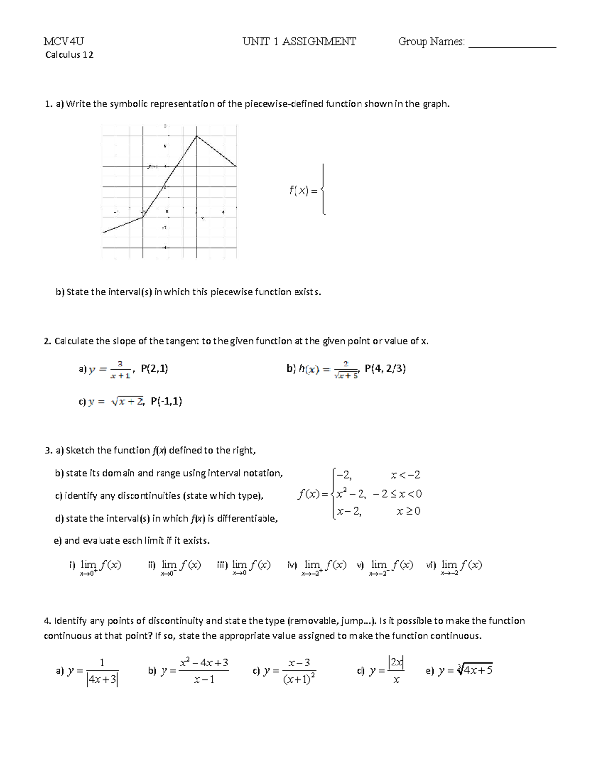 MCV4U unit1 Assign 1 MTH - MCV4U UNIT 1 ASSIGNMENT Group Names ...