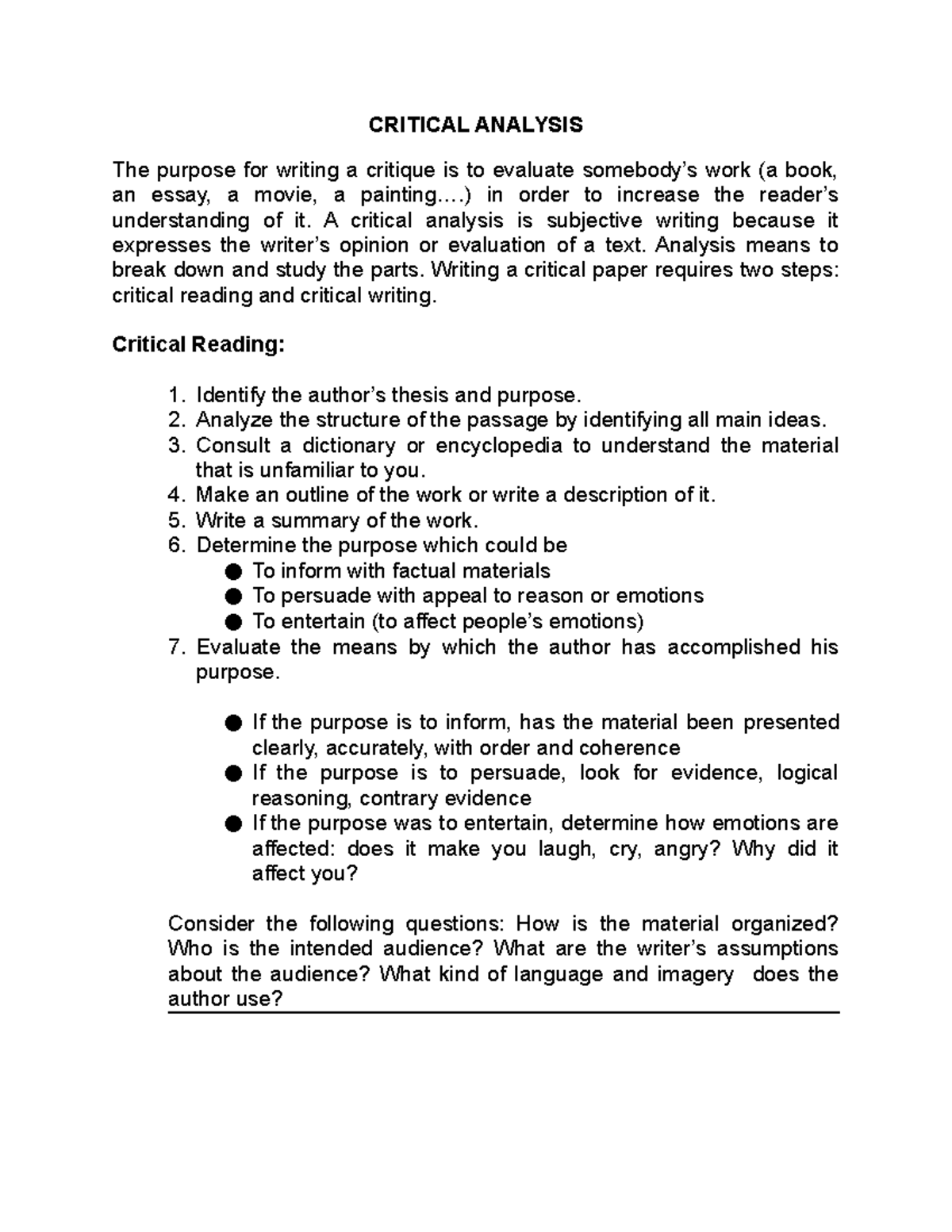 Critical-Analysis - Critical Analysis - CRITICAL ANALYSIS The purpose ...